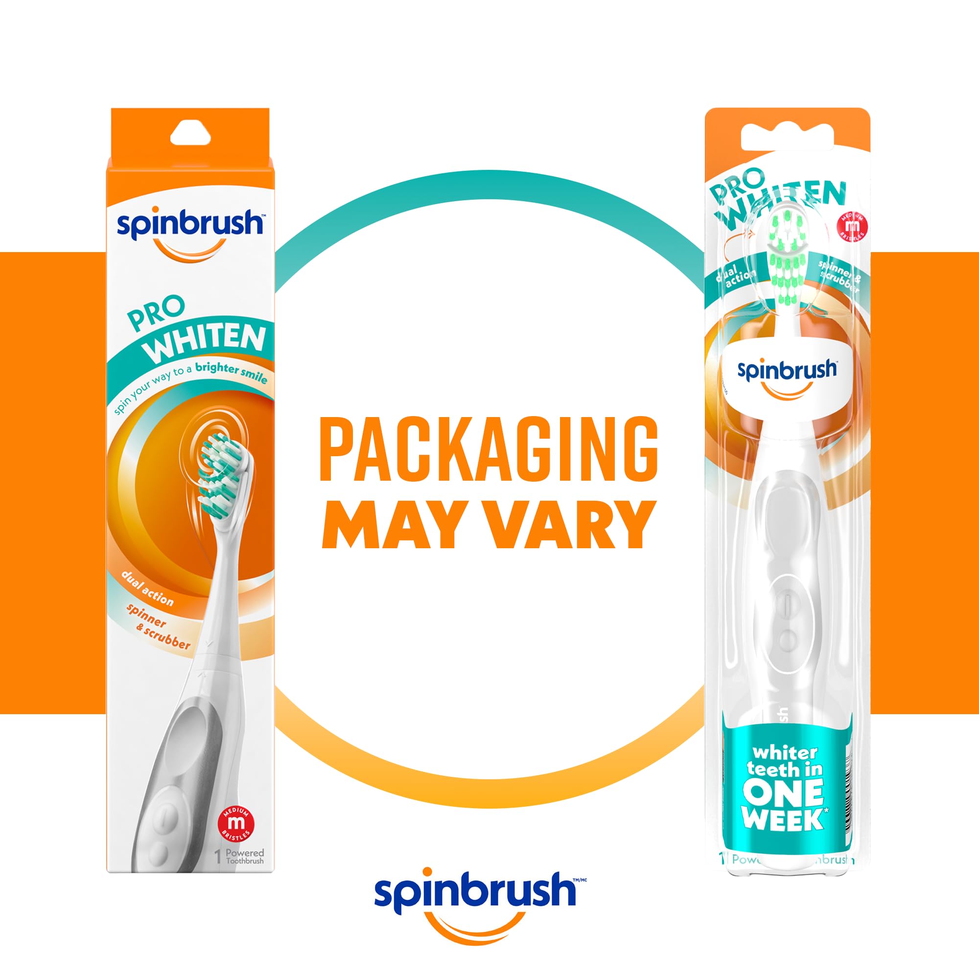 Spinbrush PRO WHITEN Battery Powered Toothbrush, Medium Bristles, 1 Count, Rose Gold or Silver Color May Vary