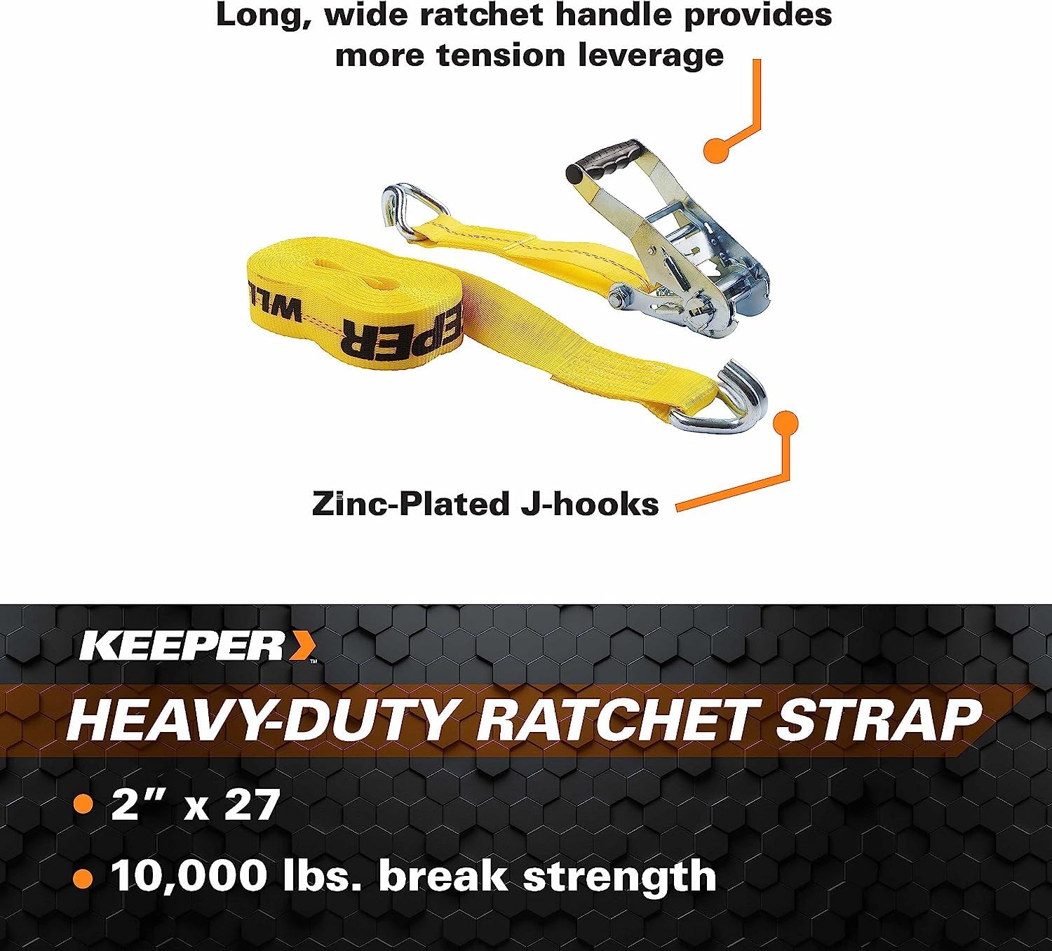 KEEPER 04622 Heavy Duty 27' x 2'' Ratcheting Tie Down, 10,000 lbs Rated Capacity with Double J-Hooks, yellow, "1.5"" x 1.5"" x 0.75"""