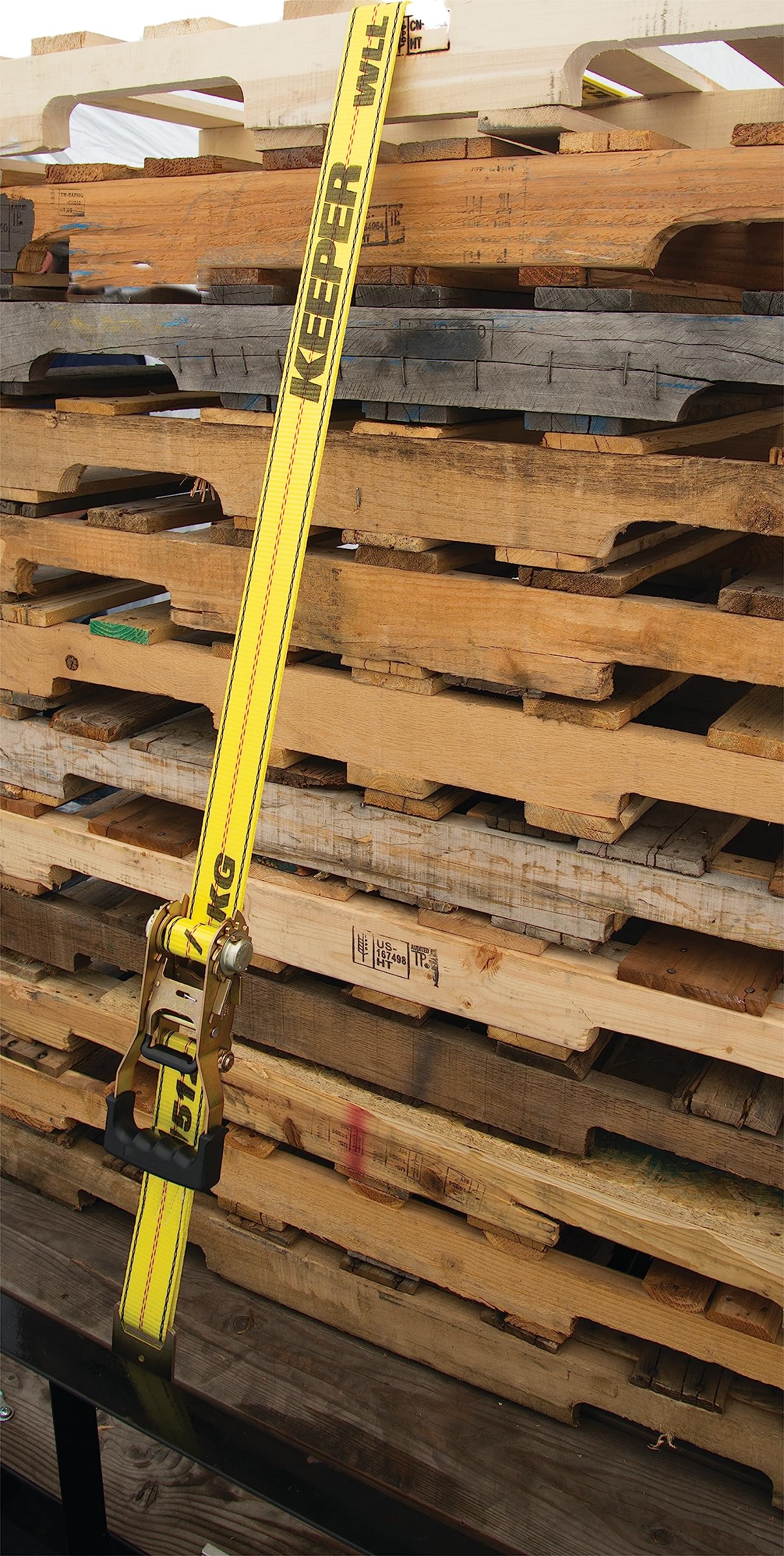 KEEPER 04622 Heavy Duty 27' x 2'' Ratcheting Tie Down, 10,000 lbs Rated Capacity with Double J-Hooks, yellow, "1.5"" x 1.5"" x 0.75"""