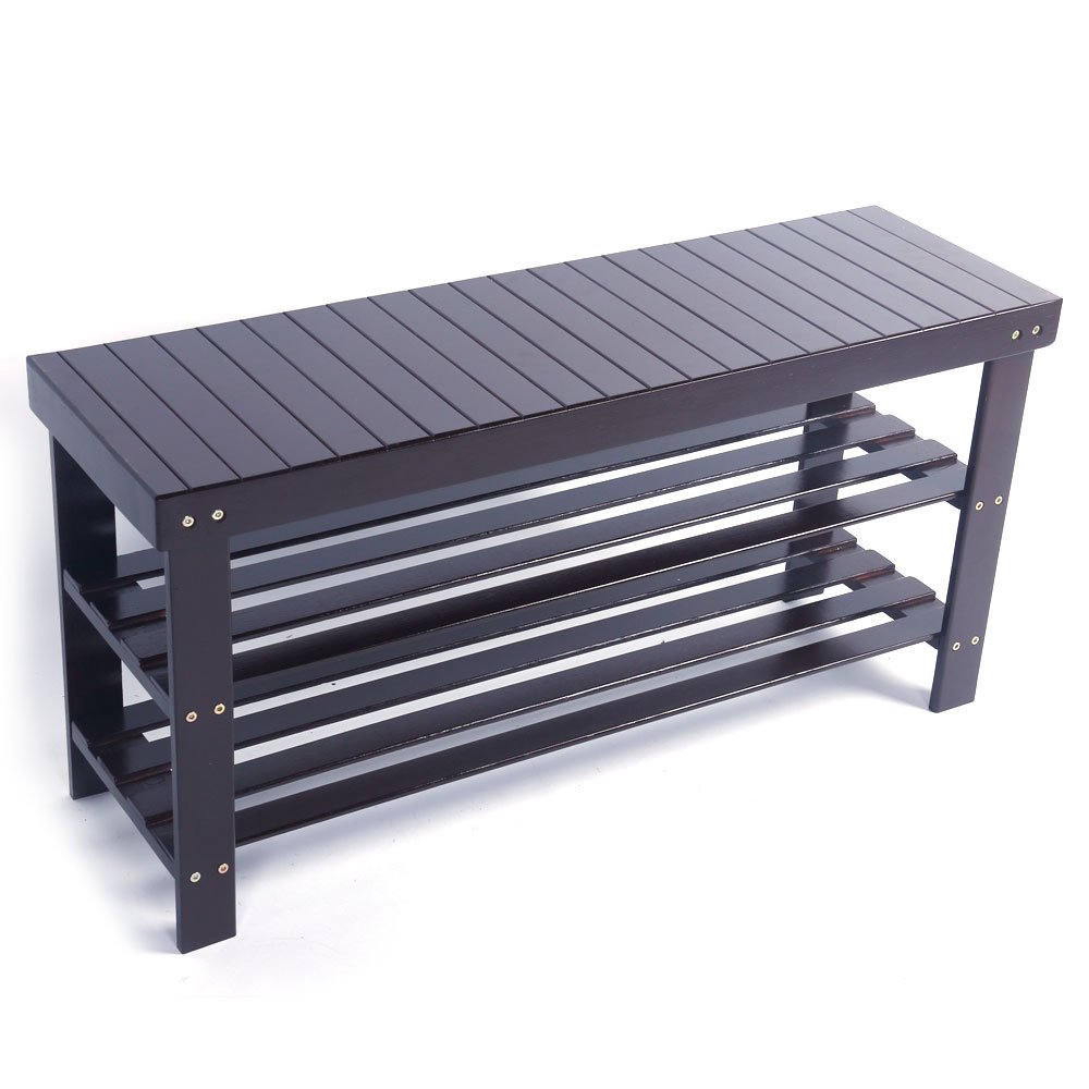 SoSo-BanTian1989 Espresso Finish Bamboo 3-Tier Shoe Bench, Bathroom Living Room Entryway Furniture