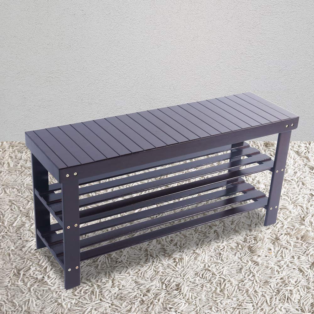 SoSo-BanTian1989 Espresso Finish Bamboo 3-Tier Shoe Bench, Bathroom Living Room Entryway Furniture