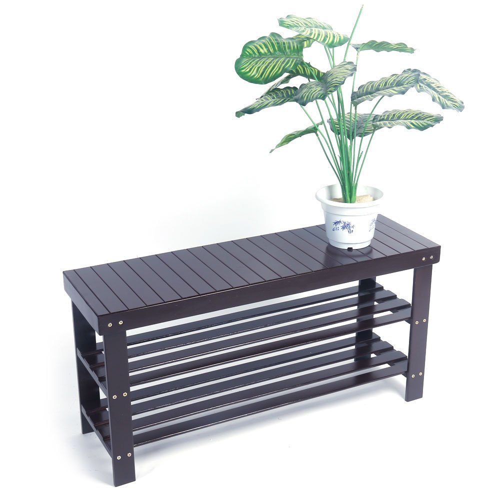 SoSo-BanTian1989 Espresso Finish Bamboo 3-Tier Shoe Bench, Bathroom Living Room Entryway Furniture