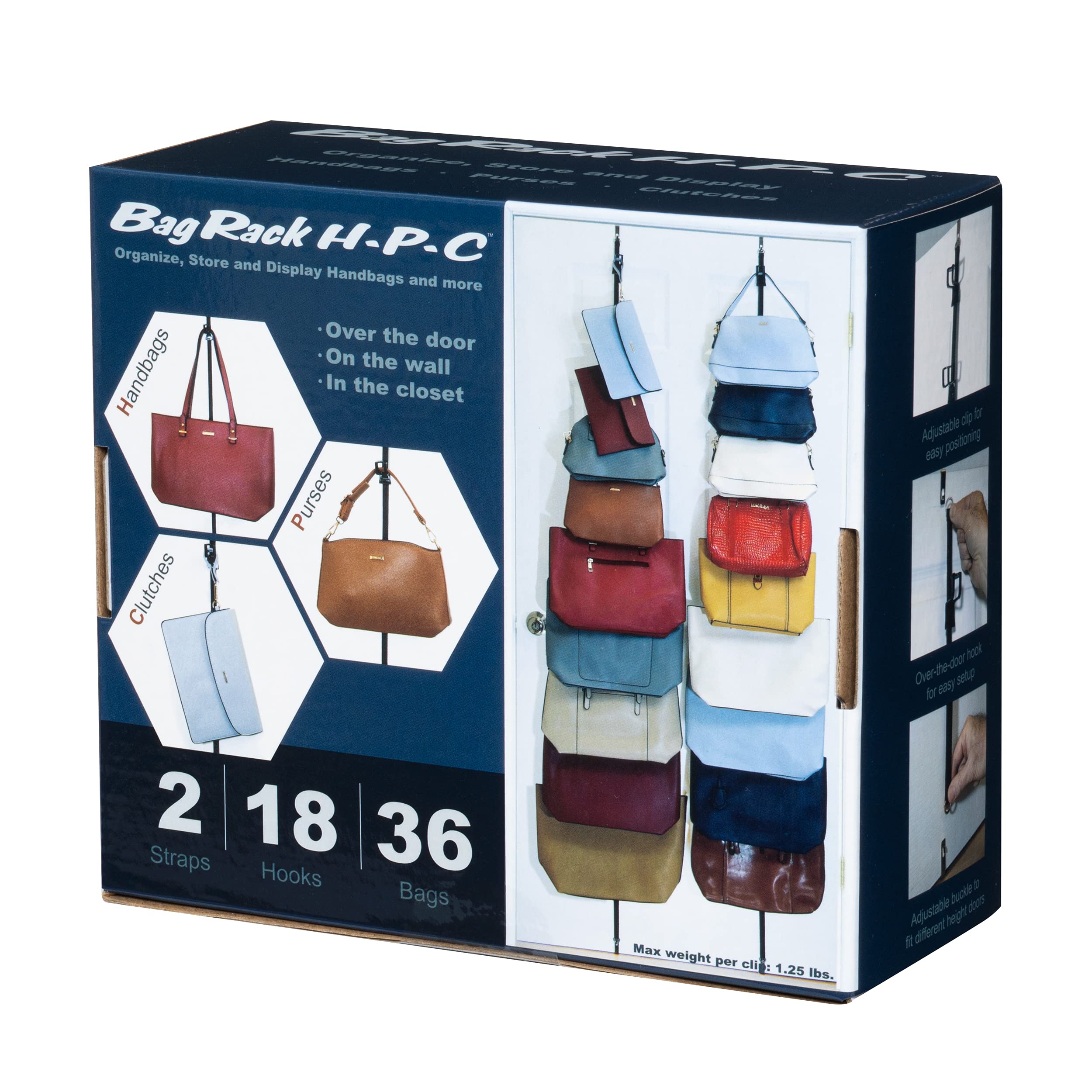 Perfect Curve Purse Rack HPC | Over The Door Purse Organizer | Purse Organizer for Wall | Purse Organizer for Closet | Updated Design | New Clips | Two Straps | Holds Up to 18 Bags | Black