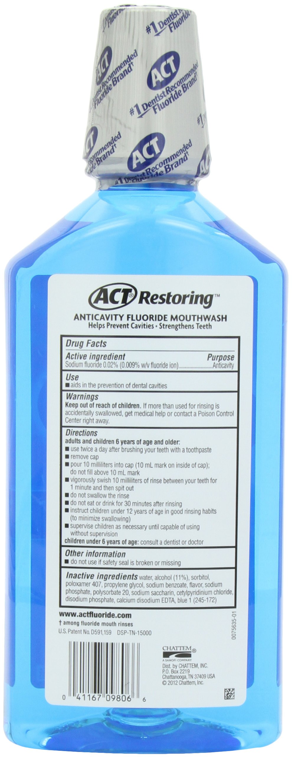 ACT Restoring Fluoride Mouthwash 33.8 fl. oz. Strengthens Tooth Enamel, Cool Mint