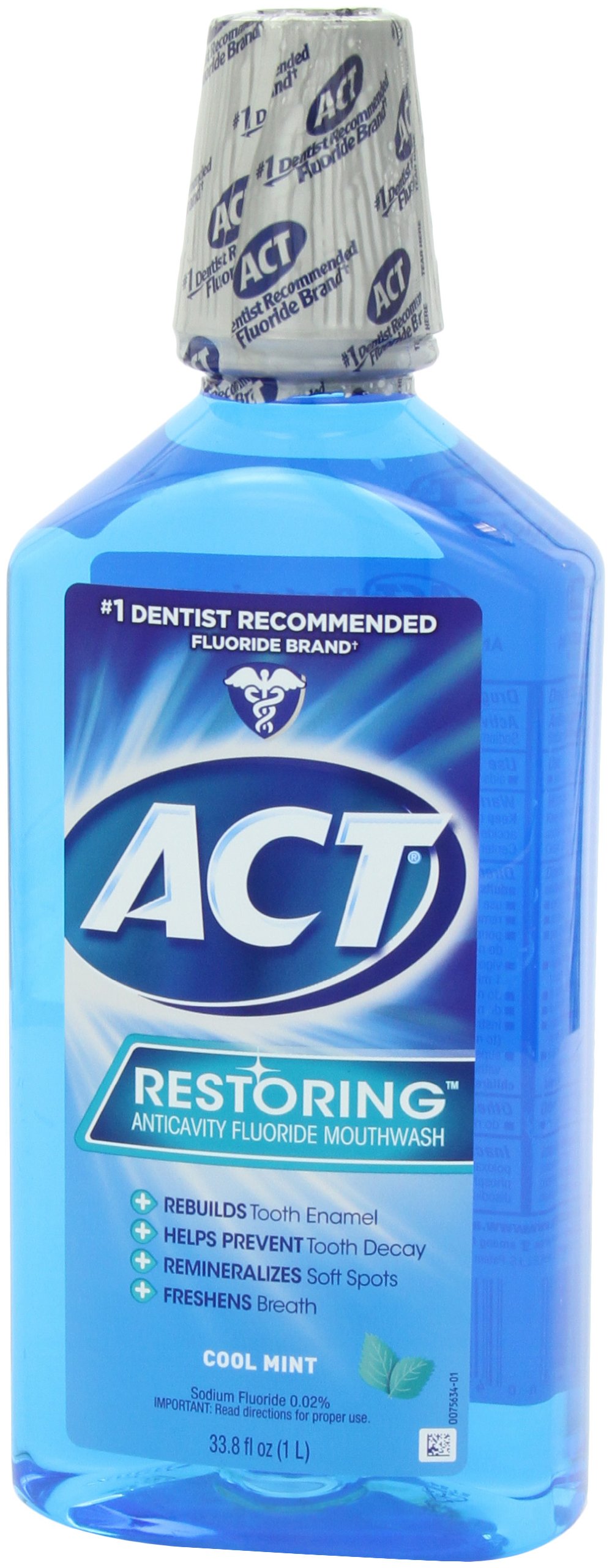 ACT Restoring Fluoride Mouthwash 33.8 fl. oz. Strengthens Tooth Enamel, Cool Mint