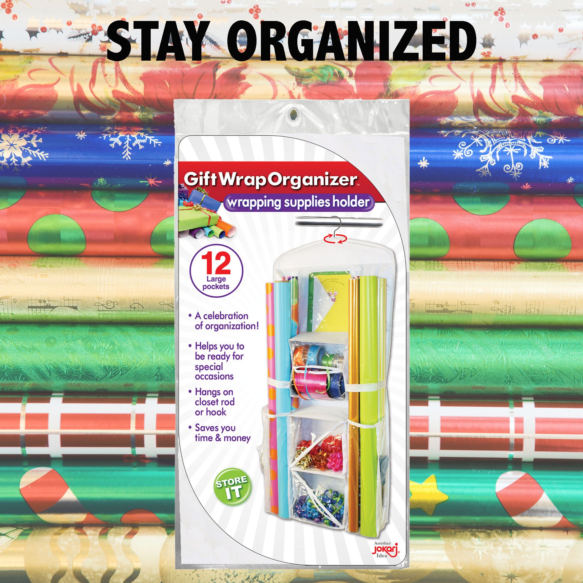 Gift Wrap Organizer - Storage for Wrapping Paper (All Sized Rolls), Gift Bags, Bows, Ribbon and More - Organize Your Closet with this Hanging Bag & Box to Have Organization, Clear Pockets & Hook Hangs