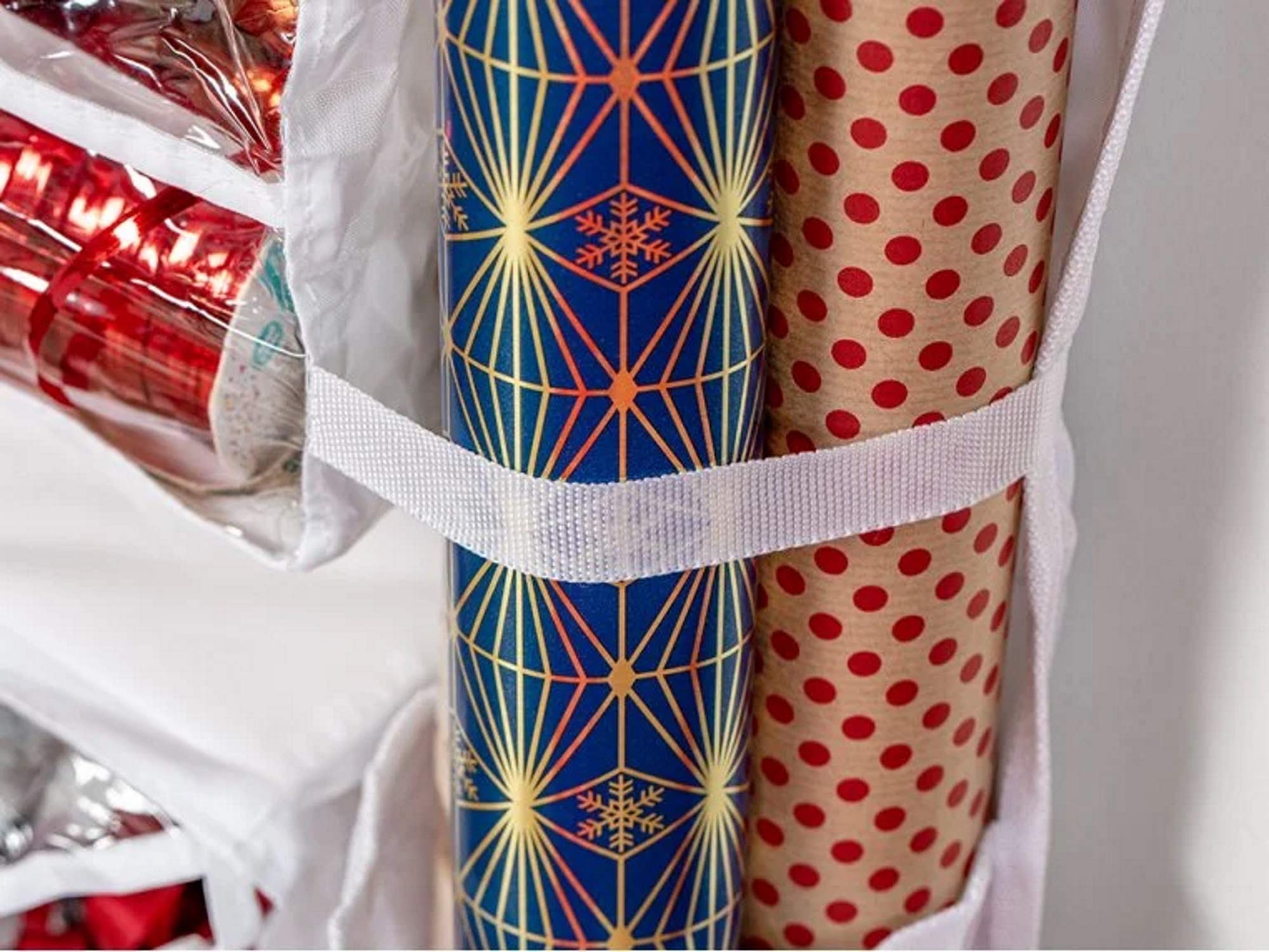 Gift Wrap Organizer - Storage for Wrapping Paper (All Sized Rolls), Gift Bags, Bows, Ribbon and More - Organize Your Closet with this Hanging Bag & Box to Have Organization, Clear Pockets & Hook Hangs