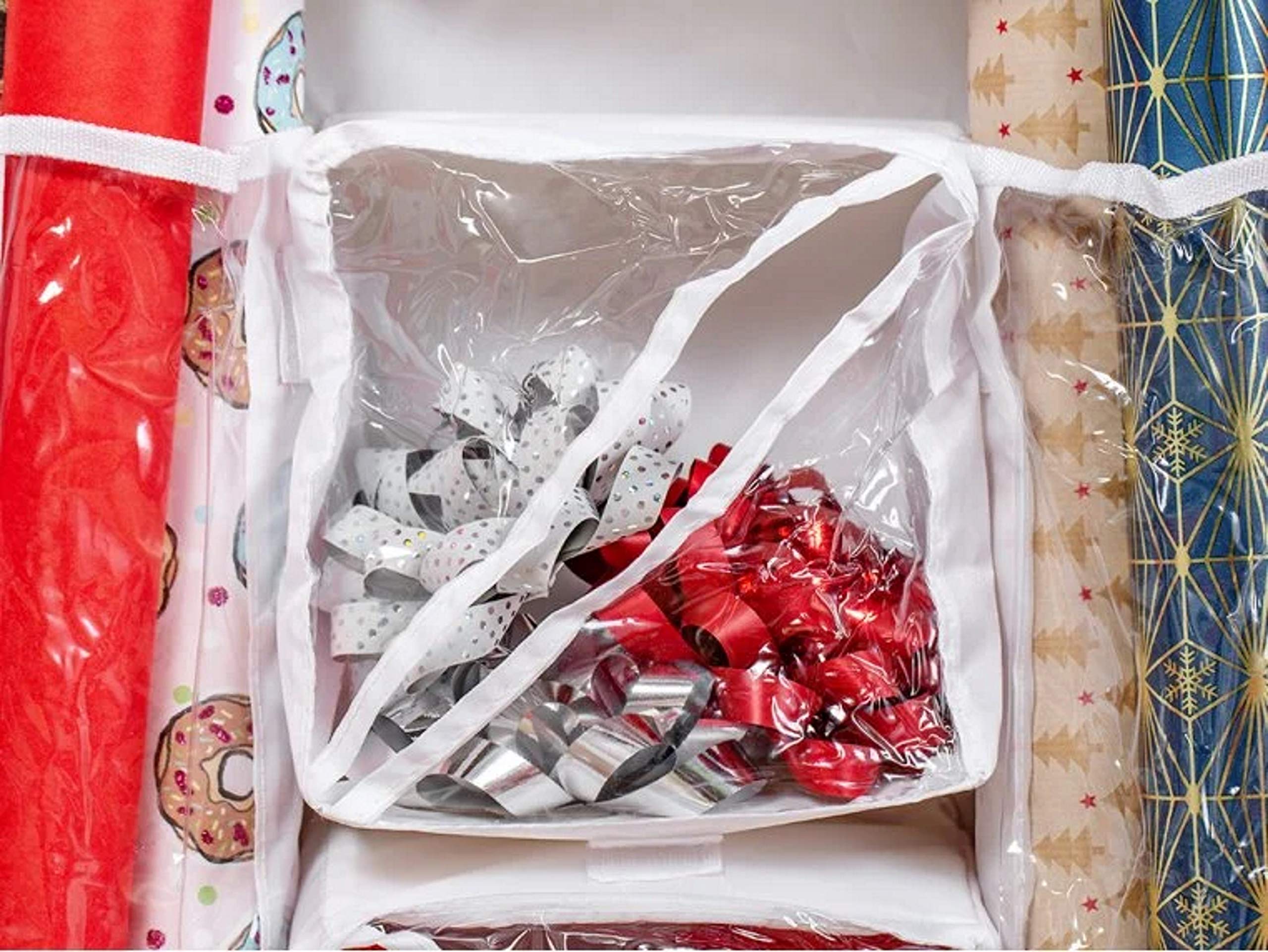 Gift Wrap Organizer - Storage for Wrapping Paper (All Sized Rolls), Gift Bags, Bows, Ribbon and More - Organize Your Closet with this Hanging Bag & Box to Have Organization, Clear Pockets & Hook Hangs