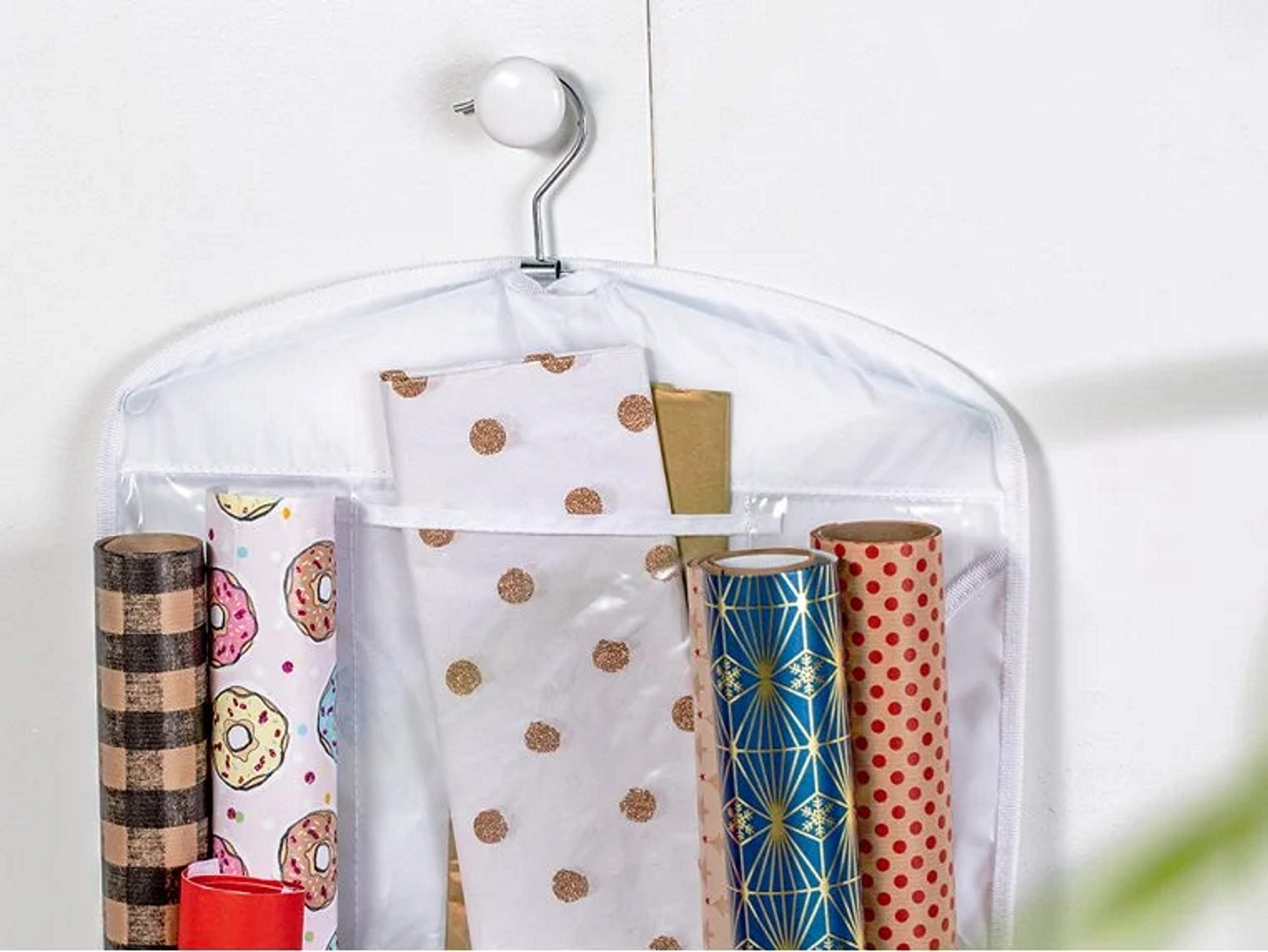 Gift Wrap Organizer - Storage for Wrapping Paper (All Sized Rolls), Gift Bags, Bows, Ribbon and More - Organize Your Closet with this Hanging Bag & Box to Have Organization, Clear Pockets & Hook Hangs