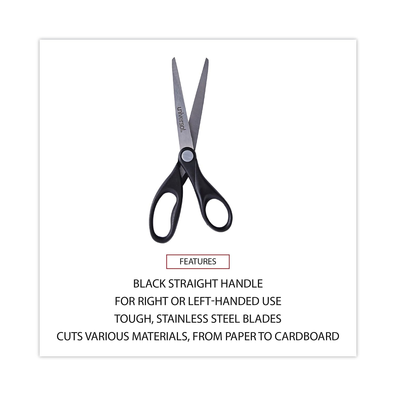 Universal 92008 Stainless Steel Office Scissors, 7" Long, Straight Handle, Black