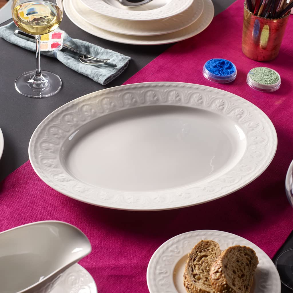 Cellini Oval Serving Platter by Villeroy & Boch - Premium Porcelain - Made in Germany - Dishwasher and Microwave Safe - Elegand Engraved Detail - White 15.75 Inches