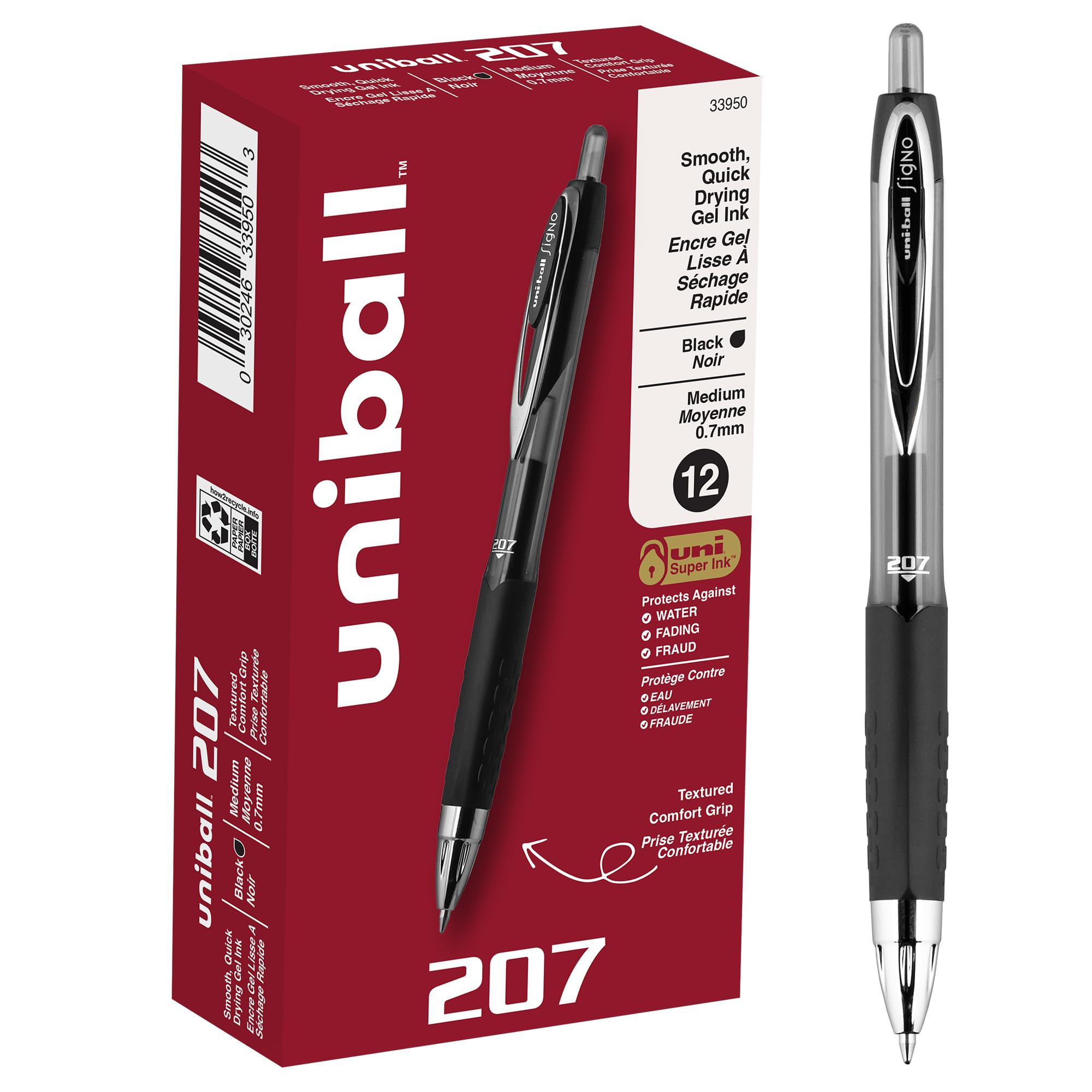 uniball Gel Pens, 207 Signo Gel with 0.7mm Medium Point, 12 Count, Black Pens are Fraud Proof