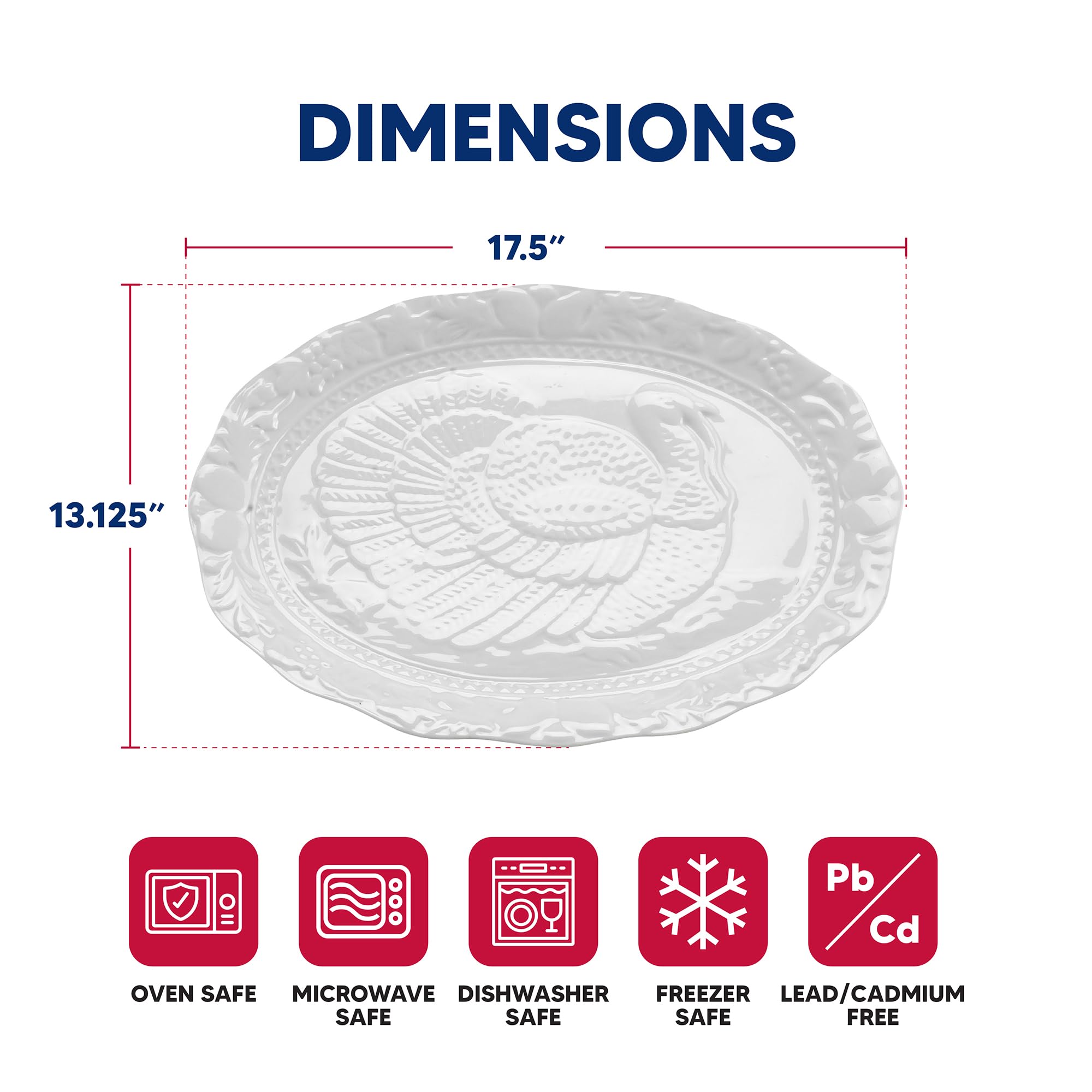 HIC Kitchen Turkey Embossed Serving Platter, Fine White Porcelain, Oversized