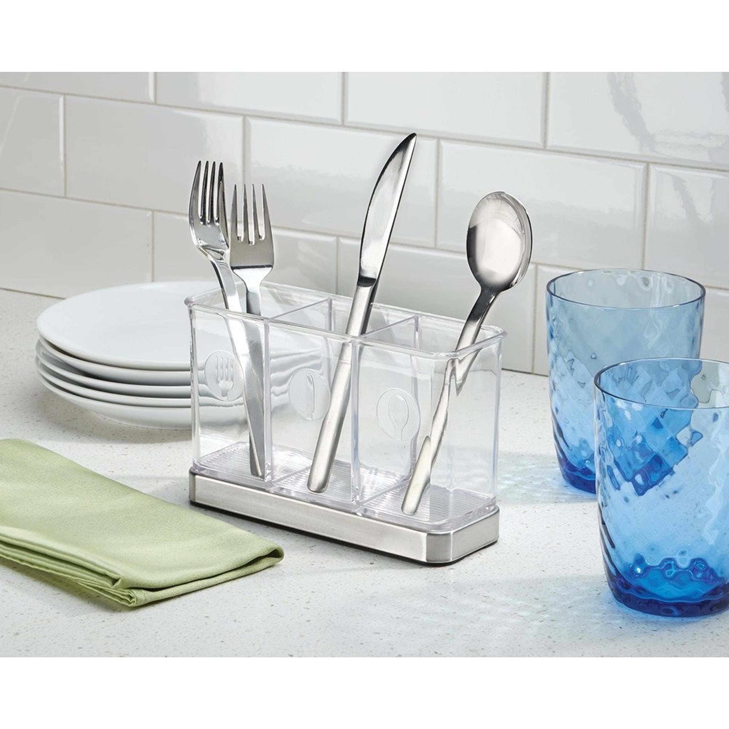 iDesign Utensil Holder and Silverware Organizer for Kitchen Countertop Storage The Forma Collection, 4.9" x 2.7" x 7.6", Clear/Stainless Steel