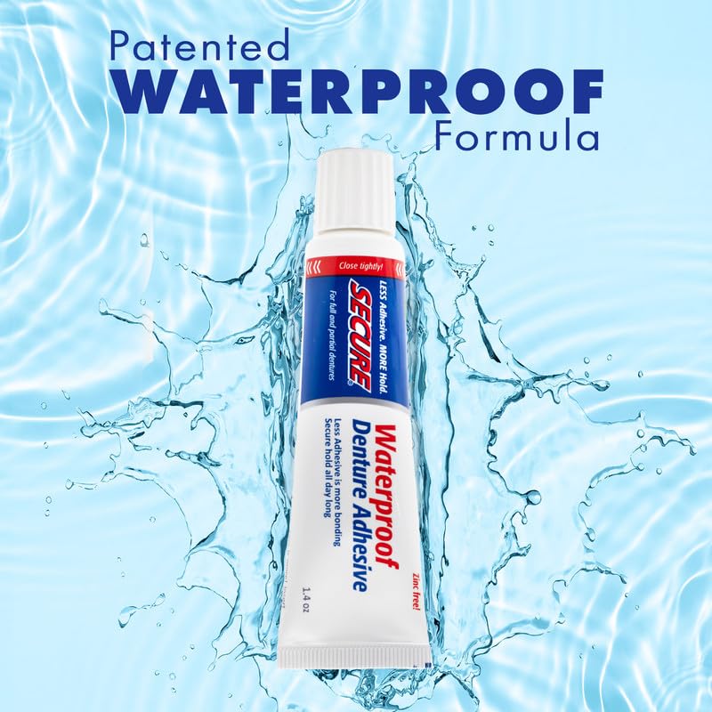 Secure Waterproof Denture Adhesive - Zinc Free - Extra Strong Hold for Upper, Lower or Partials - 1.4 oz
