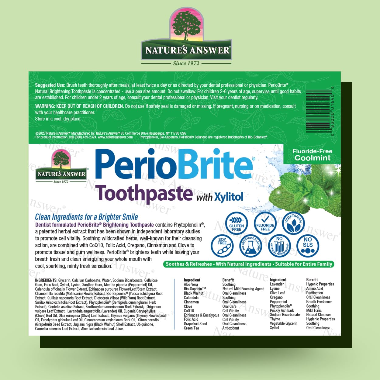 Nature's Answer PerioBrite Natural Toothpaste, Cool Mint, 4-Ounce (Pack of 2) Fluoride Free with CoQ10 & Folic Acid | Naturally Whitens Teeth | Freshens Breath | Removes Plaque | Minimizes Dry Mouth