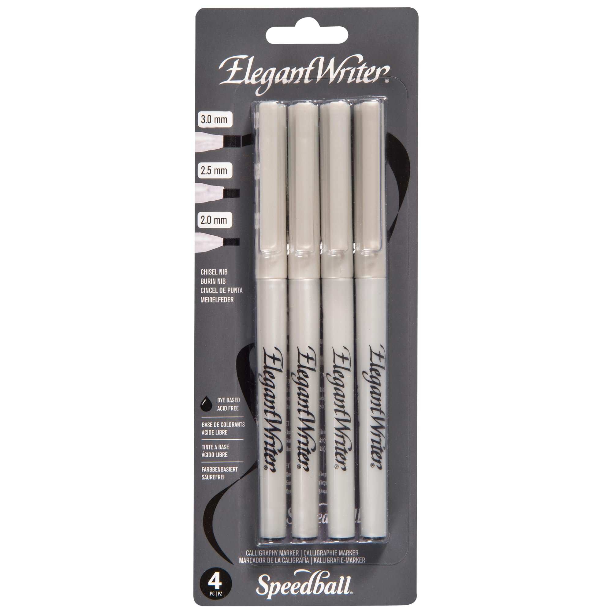 Speedball Elegant Writer Calligraphy 4 Marker Set, Black, 2.0 mm, 2.5 mm & 3.0 mm Chisel Nib Tip Pens for Drawing, Journaling, and Scrapbooking