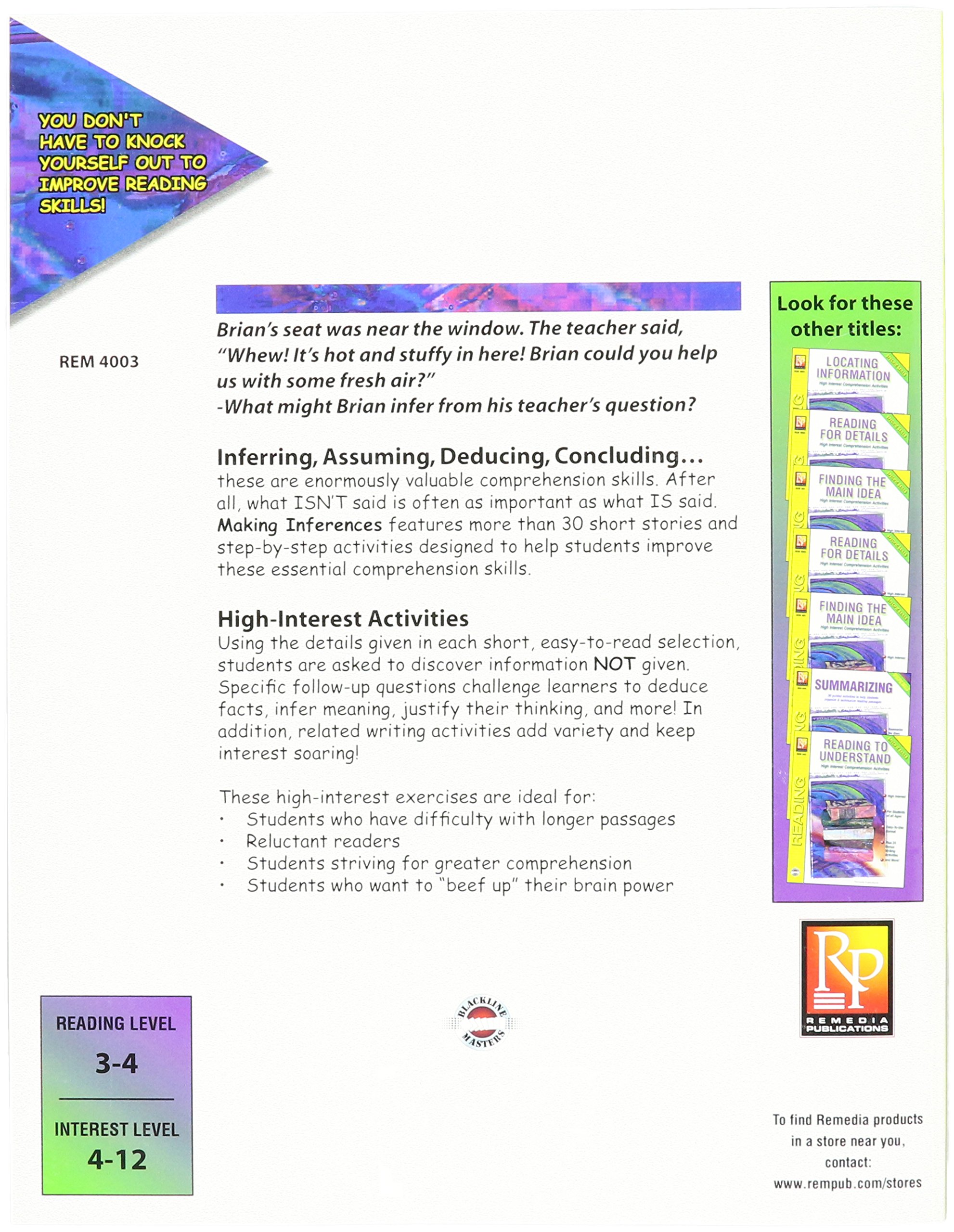 Remedia Publications REM4003 Specific Skills Book Series: Making Inferences Book, 9.1" Wide, 11.6" Length, 0.2" Height