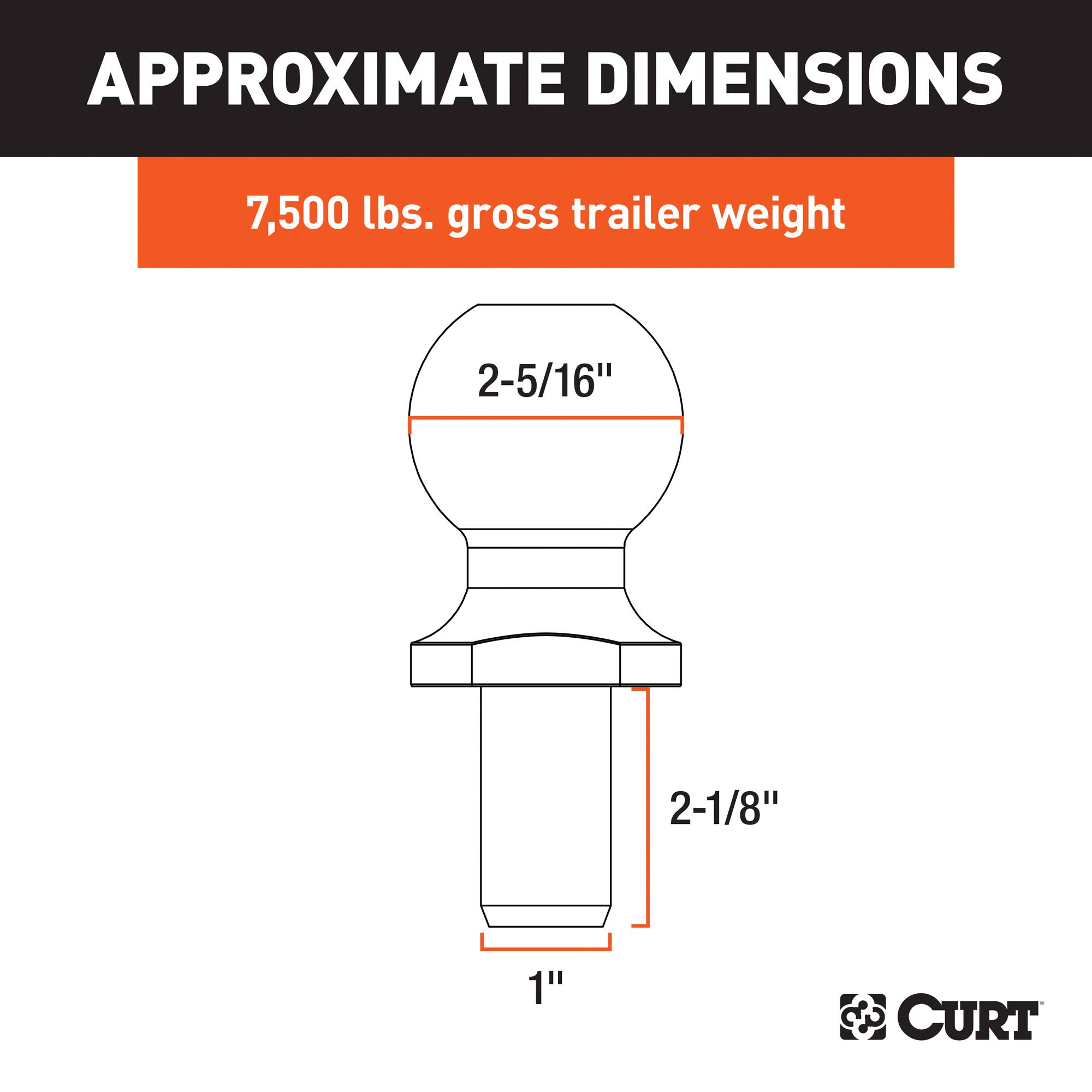 CURT 40067 Chrome Trailer Hitch Ball, 7,500 lbs, 2-5/16-Inch Diameter, 1 x 2-1/8-Inch Shank