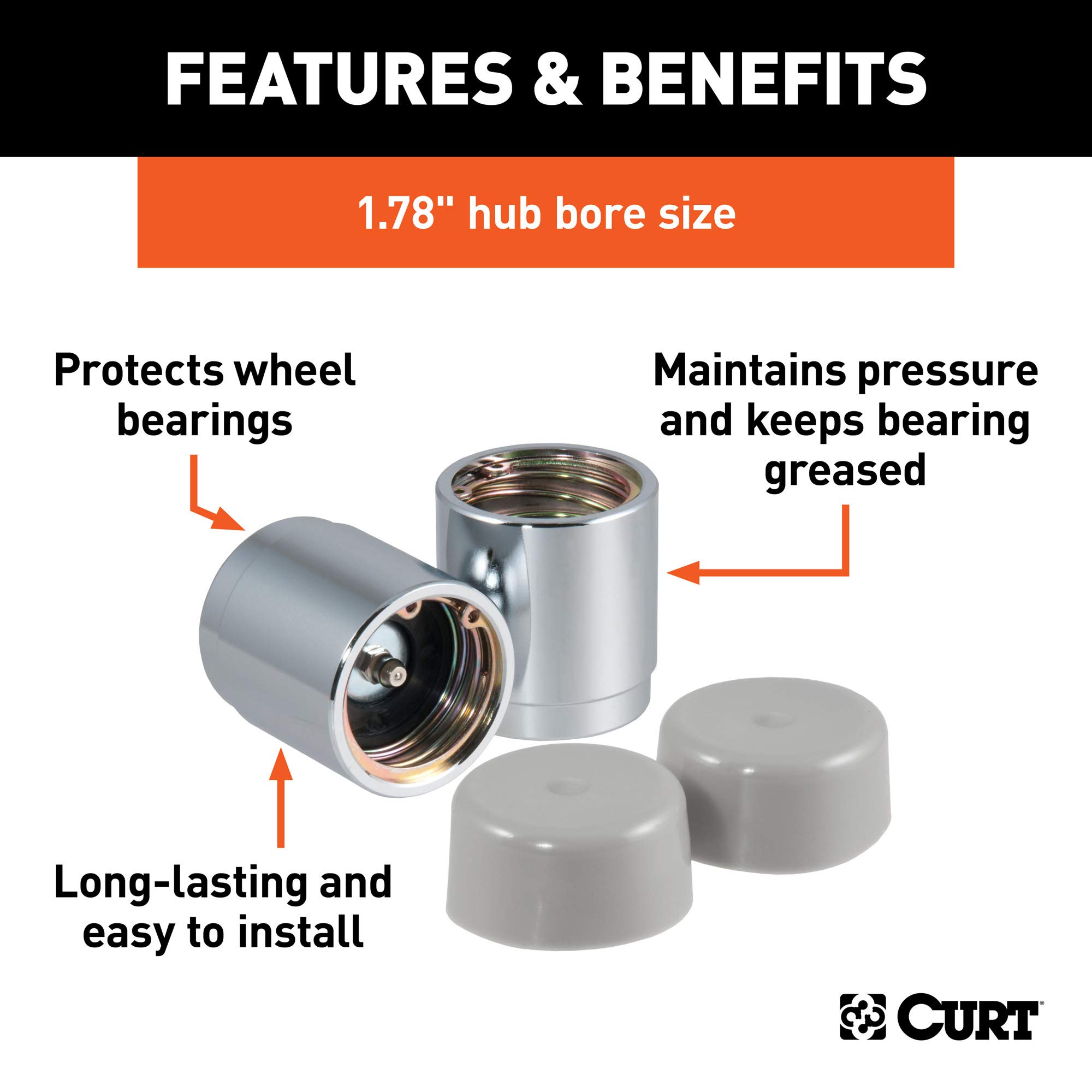CURT 22178 1.78-Inch Trailer Wheel Bearing Protectors and Dust Covers, 2-Pack