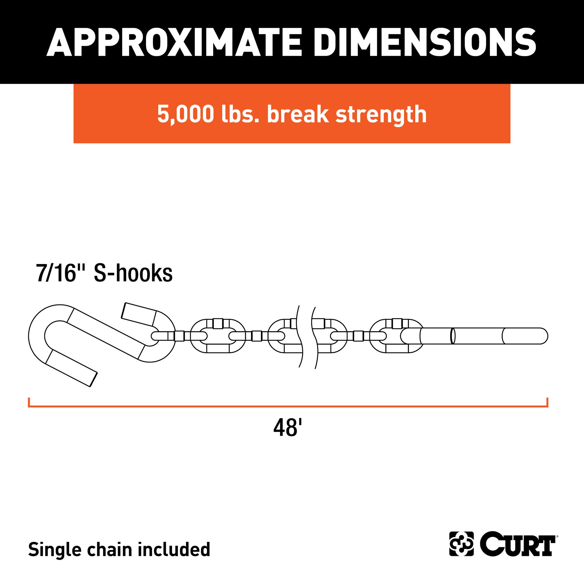 CURT 80031 48-Inch Trailer Safety Chain with 7/16-In S-Hooks, 5,000 lbs Break Strength