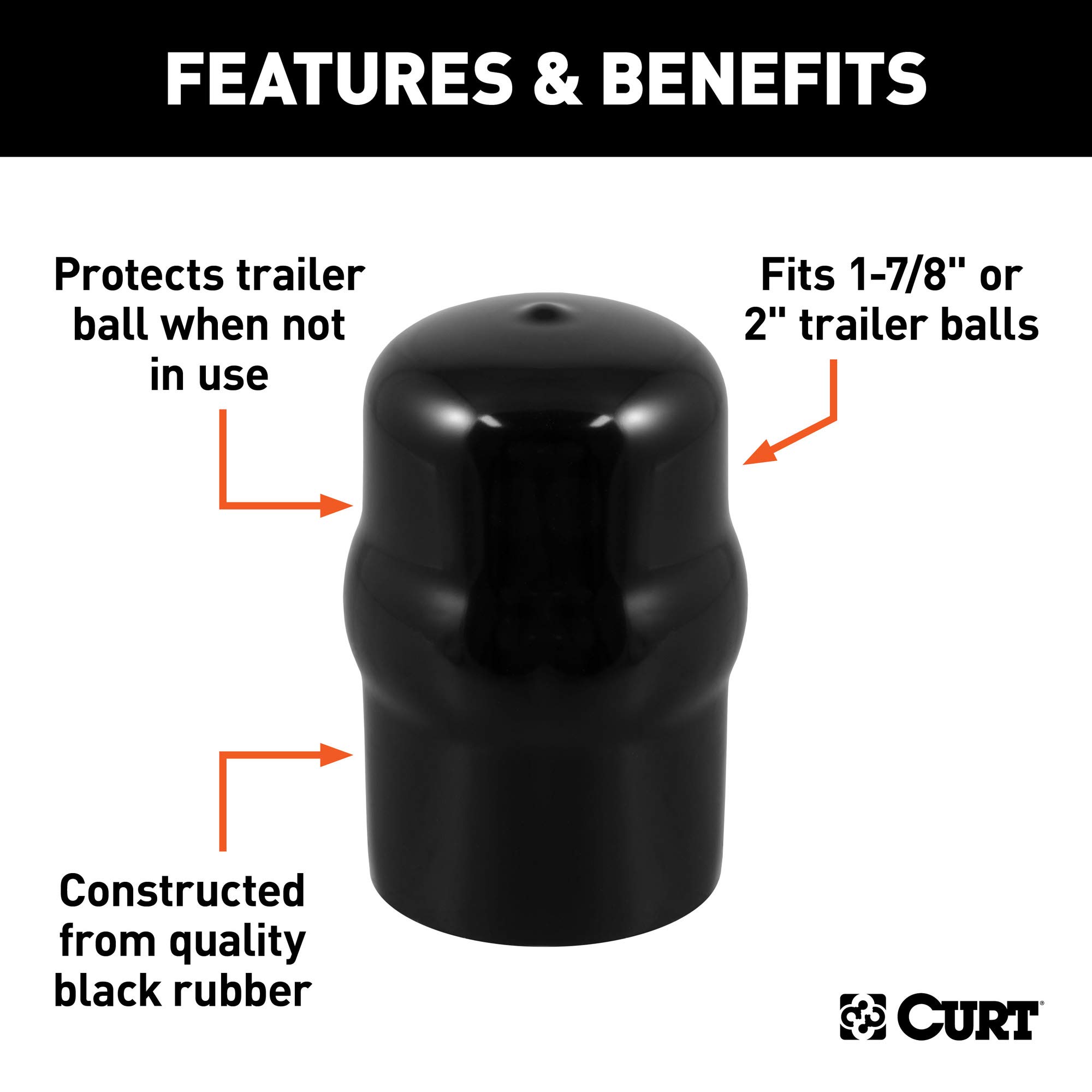 CURT 21801 Black Rubber Trailer Hitch Ball Cover, 1-7/8 or 2-Inch Diameter