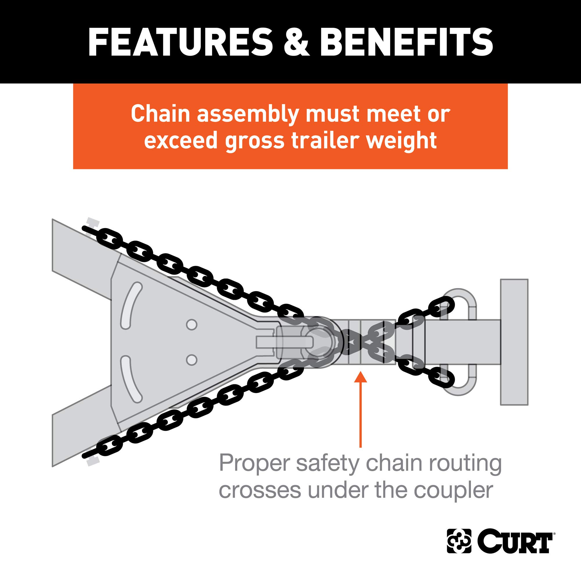 CURT 80031 48-Inch Trailer Safety Chain with 7/16-In S-Hooks, 5,000 lbs Break Strength