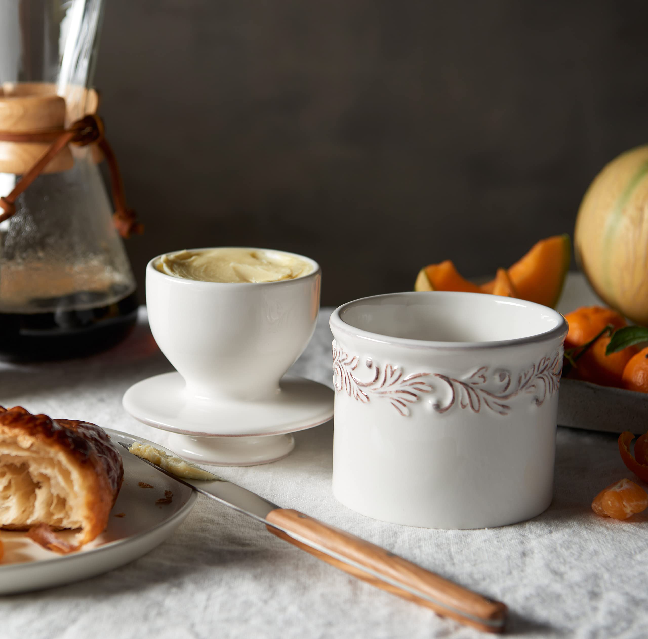 Butter Bell - The Original Butter Bell crock by L Tremain, a Countertop French Ceramic Butter Dish Keeper for Spreadable Butter, Antique Collection, White Linen