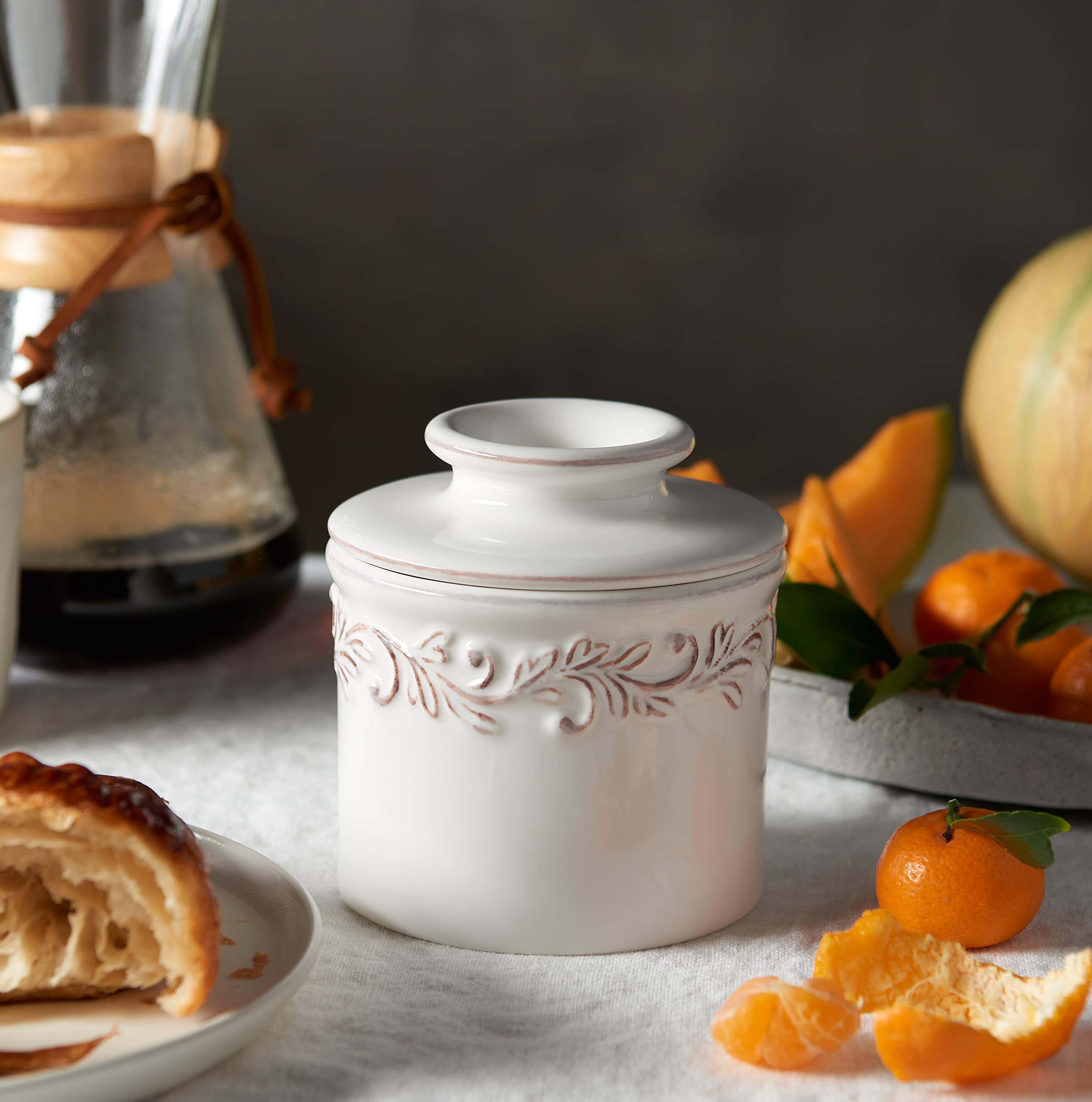 Butter Bell - The Original Butter Bell crock by L Tremain, a Countertop French Ceramic Butter Dish Keeper for Spreadable Butter, Antique Collection, White Linen