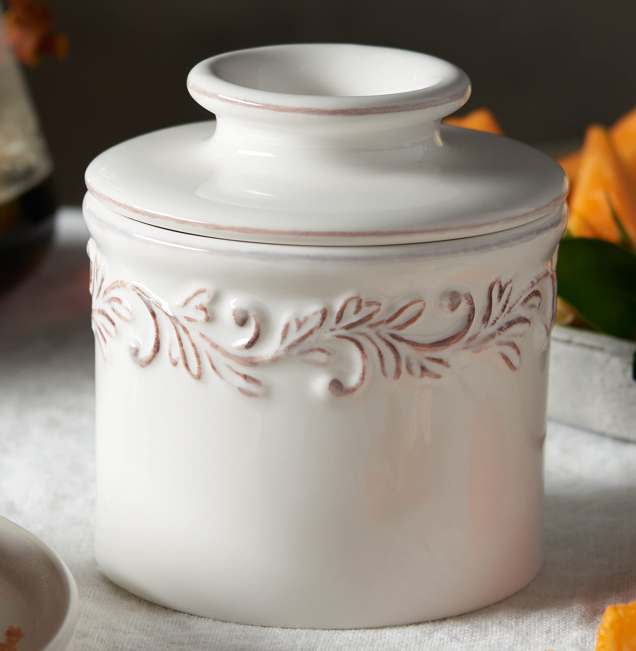Butter Bell - The Original Butter Bell crock by L Tremain, a Countertop French Ceramic Butter Dish Keeper for Spreadable Butter, Antique Collection, White Linen