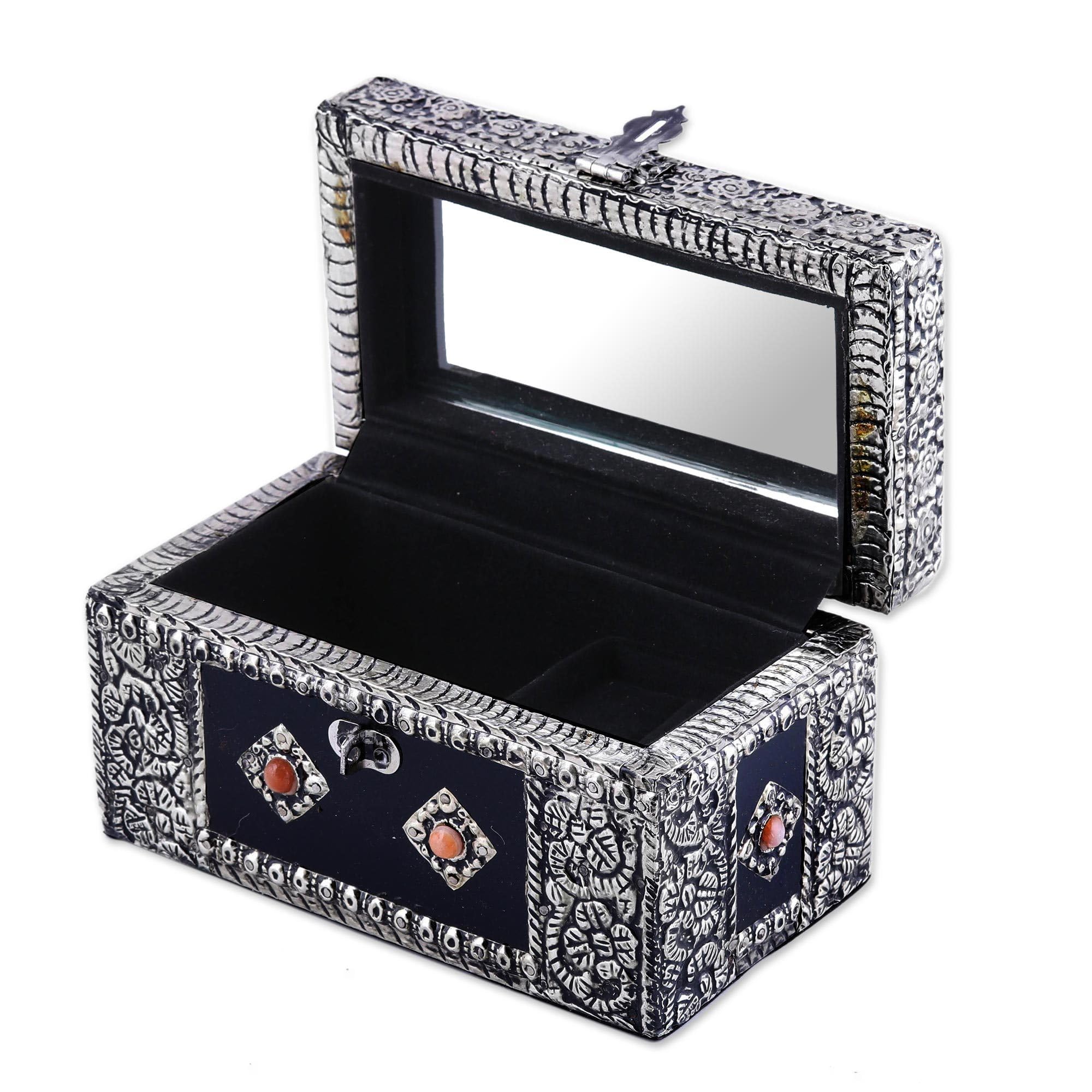 NOVICA Repousse Brass Velvet Lined Jewelry Box with Tray and Lock, Treasure Chest'