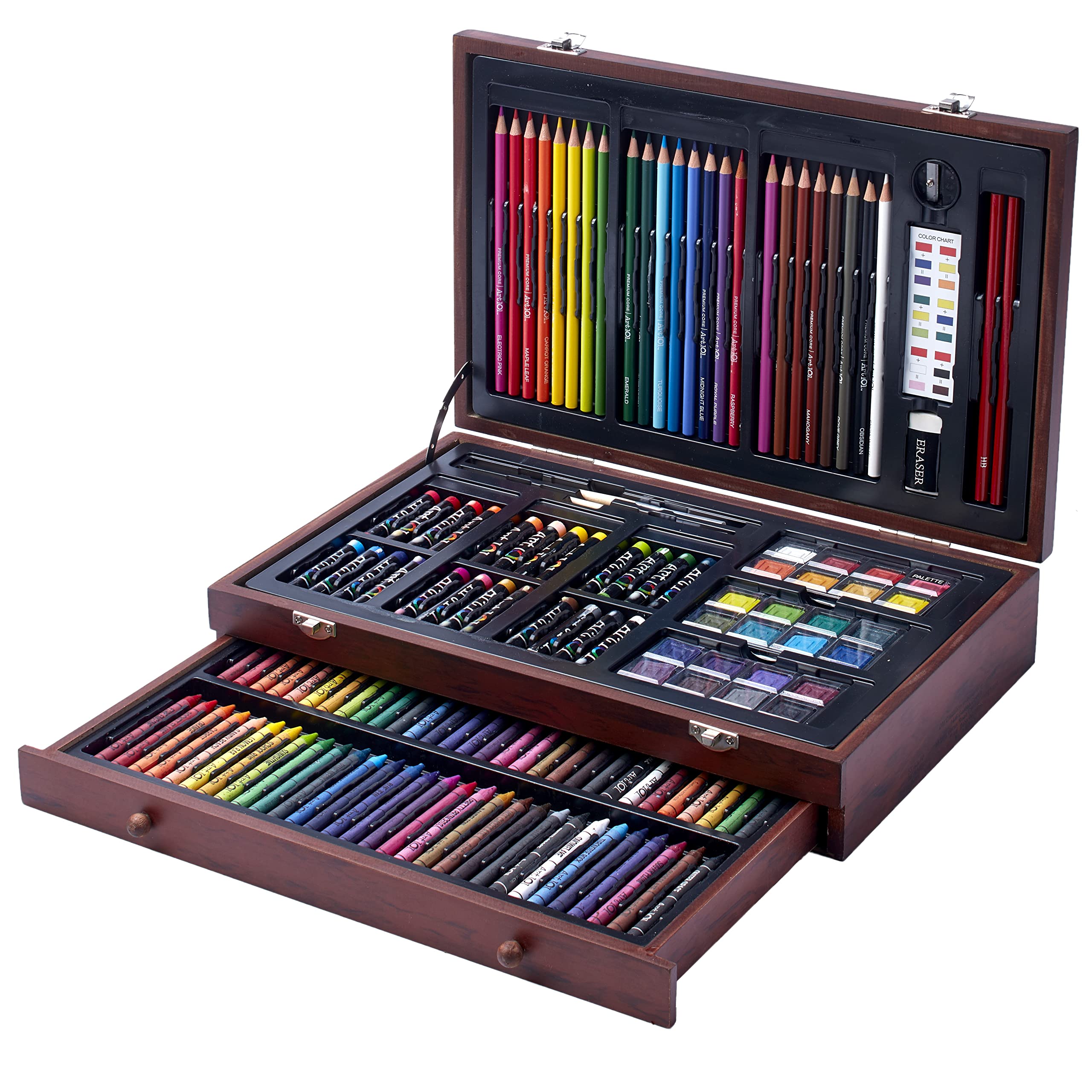 Art 101 Doodle and Color 142 Pc Art Set in a Wood Carrying Case, Includes 24 Premium Colored Pencils, A variety of coloring and painting mediums: crayons, oil pastels, watercolors; Portable Art Studio
