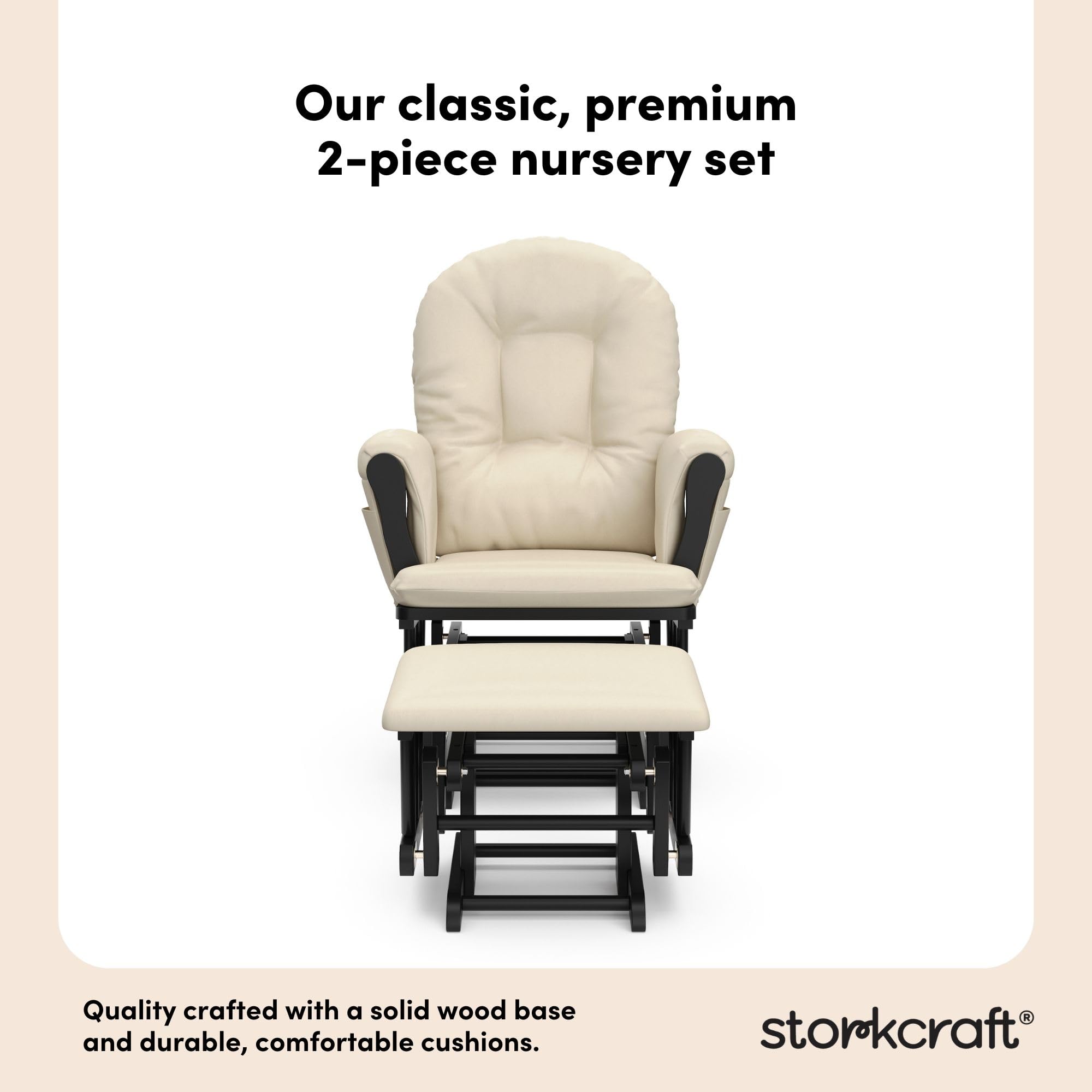 Storkcraft Premium Hoop Glider and Ottoman (Cherry Base, Beige Cushion) – Padded Cushions with Storage Pocket, Smooth Rocking Motion, Easy to Assemble, Solid Hardwood Base