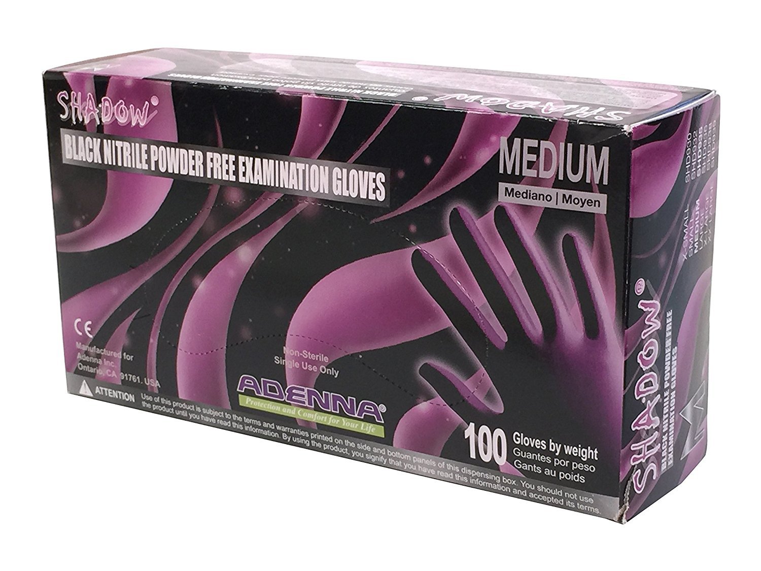 Adenna SHD935 Shadow 6 mil Nitrile Powder Free Exam Gloves (Black, Medium) Box of 100