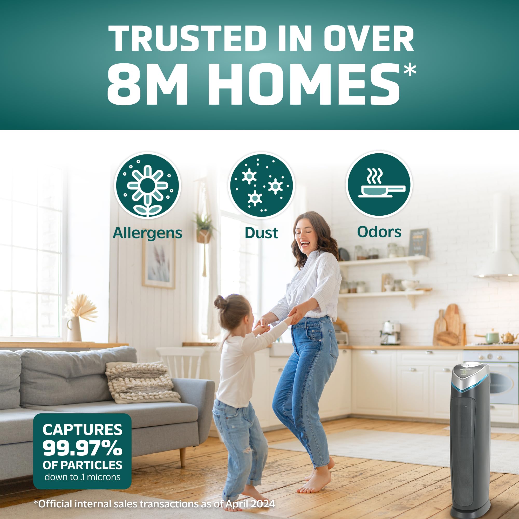 Germ Guardian AC5000 28” 3-in-1 True HEPA Filter Air Purifier for Home, Large Rooms, UV-C Light Kills Germs, Filters Allergies, Smoke, Dust, Pet Dander, & Odors, 5-Yr Wty, GermGuardian, Grey