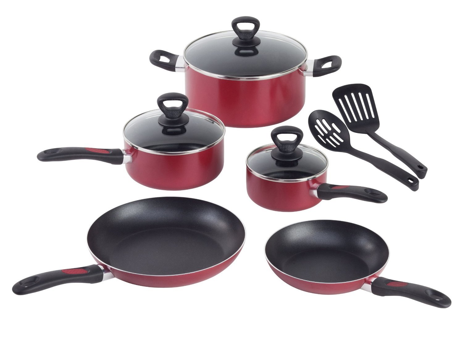 Mirro A796SA Get A Grip Aluminum Nonstick Cookware Set, 10-Piece, Red