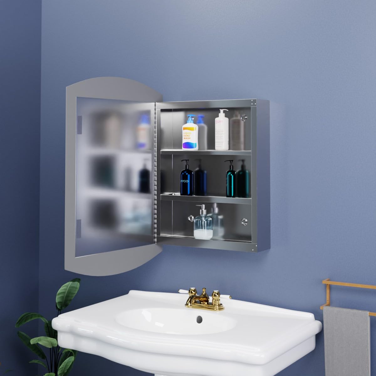 Renovators Supply Manufacturing Stainless Wall Mounted Medicine Cabinet with Mirror 24 in H x 16 in W Hanging Cabinet Storage Triple Shelf for Medicines or Bathroom Accessories with Mounting Hardware