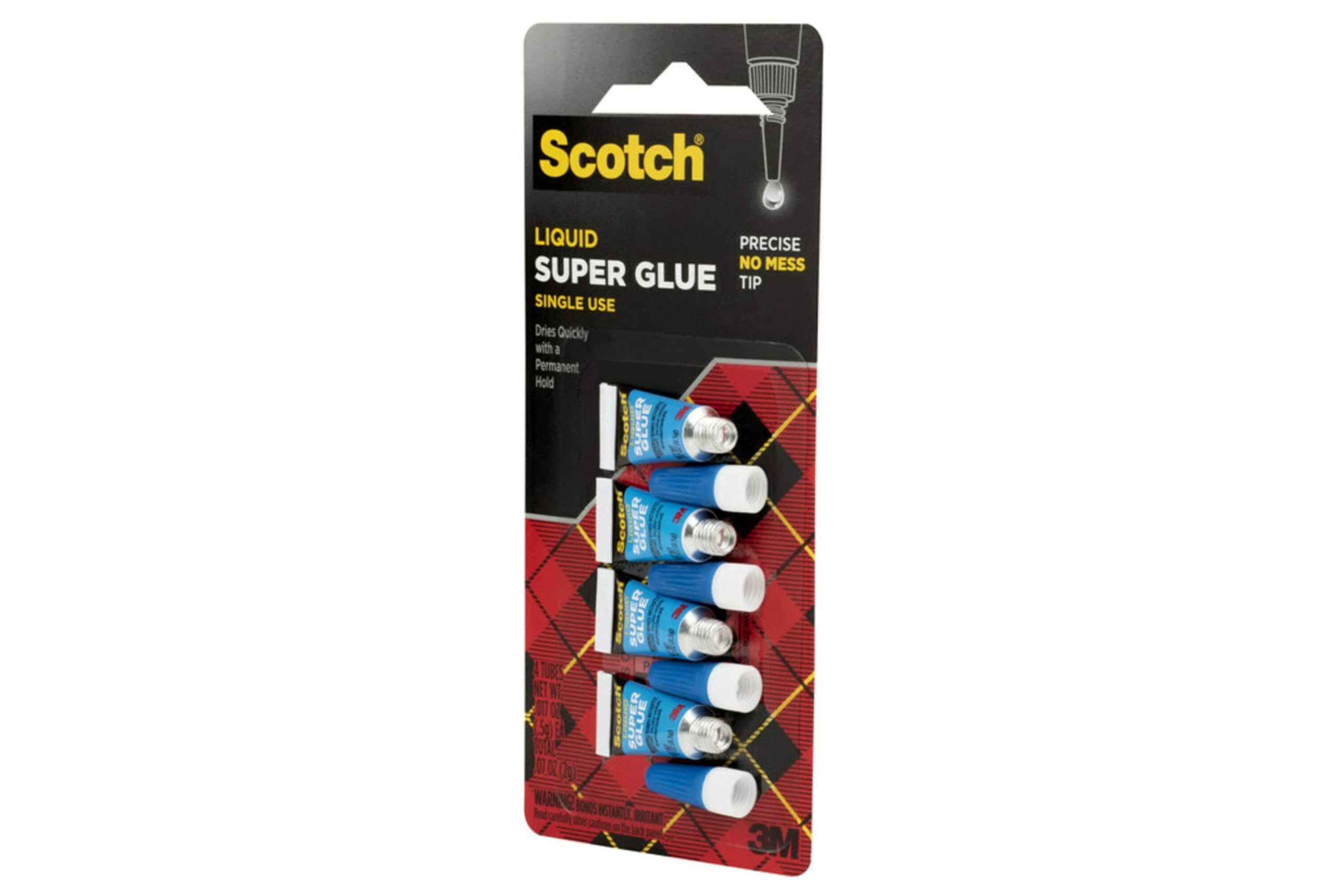 Scotch Super Glue Liquid, 4-Pack of Single-Use Tubes, .017 oz each, Fast Drying Liquid Formula (AD114)(packaging may vary)