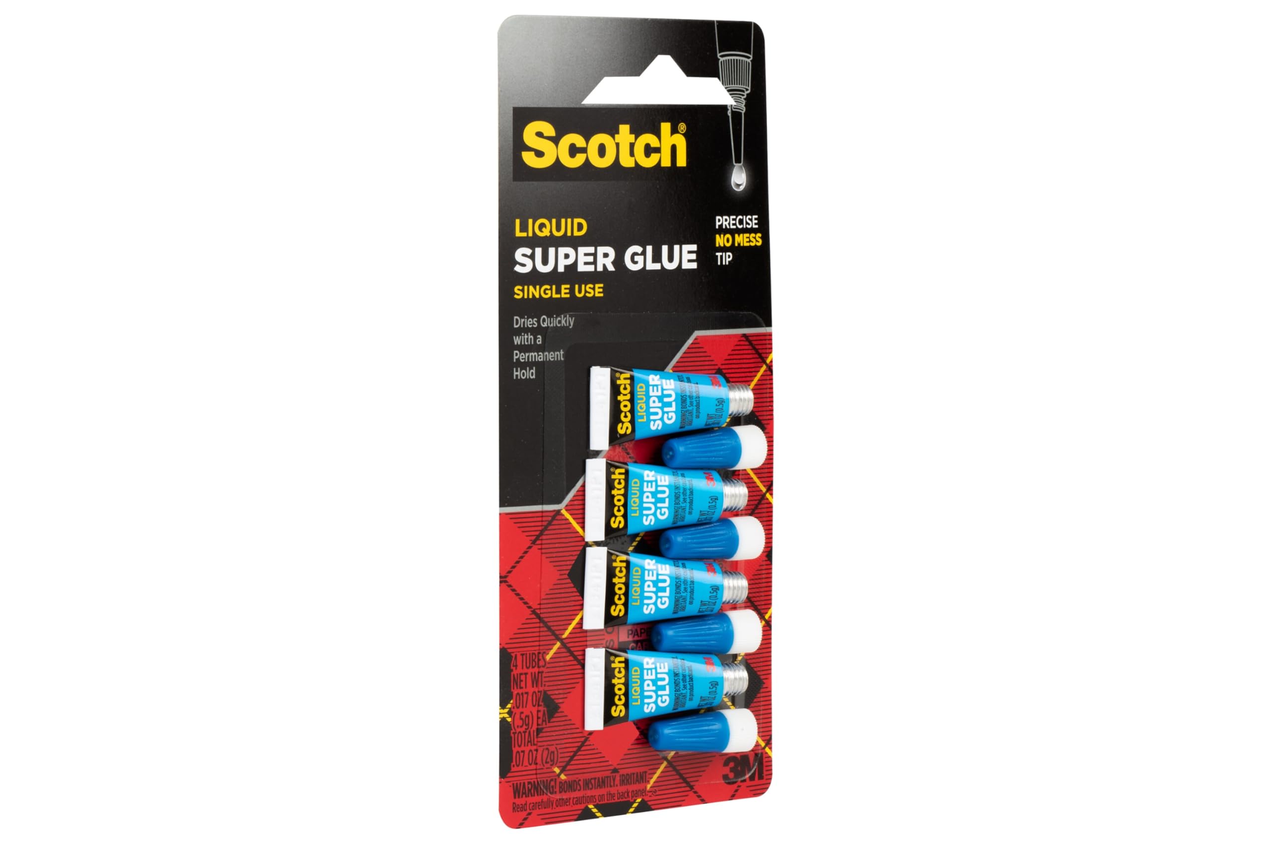 Scotch Super Glue Liquid, 4-Pack of Single-Use Tubes, .017 oz each, Fast Drying Liquid Formula (AD114)(packaging may vary)