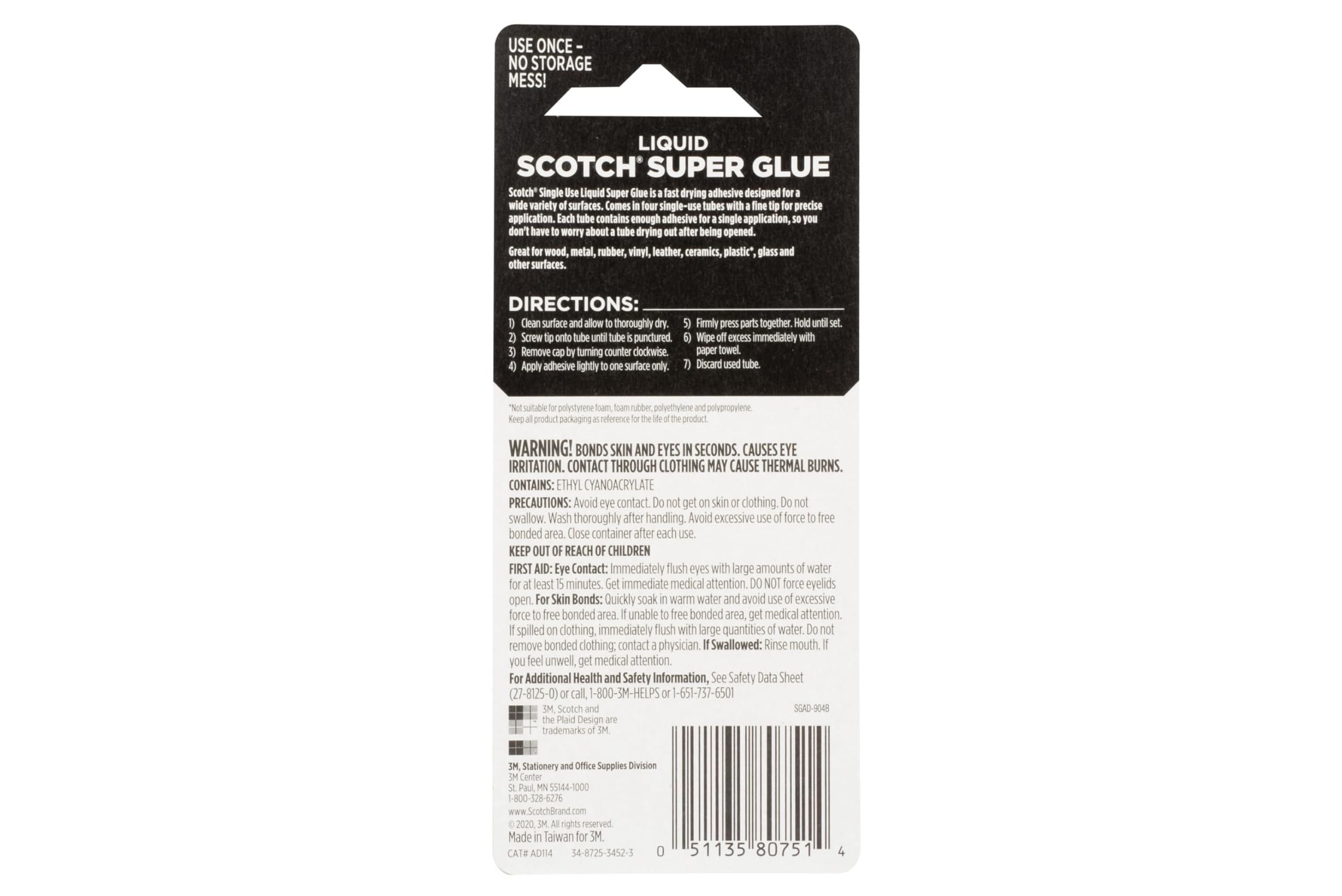 Scotch Super Glue Liquid, 4-Pack of Single-Use Tubes, .017 oz each, Fast Drying Liquid Formula (AD114)(packaging may vary)