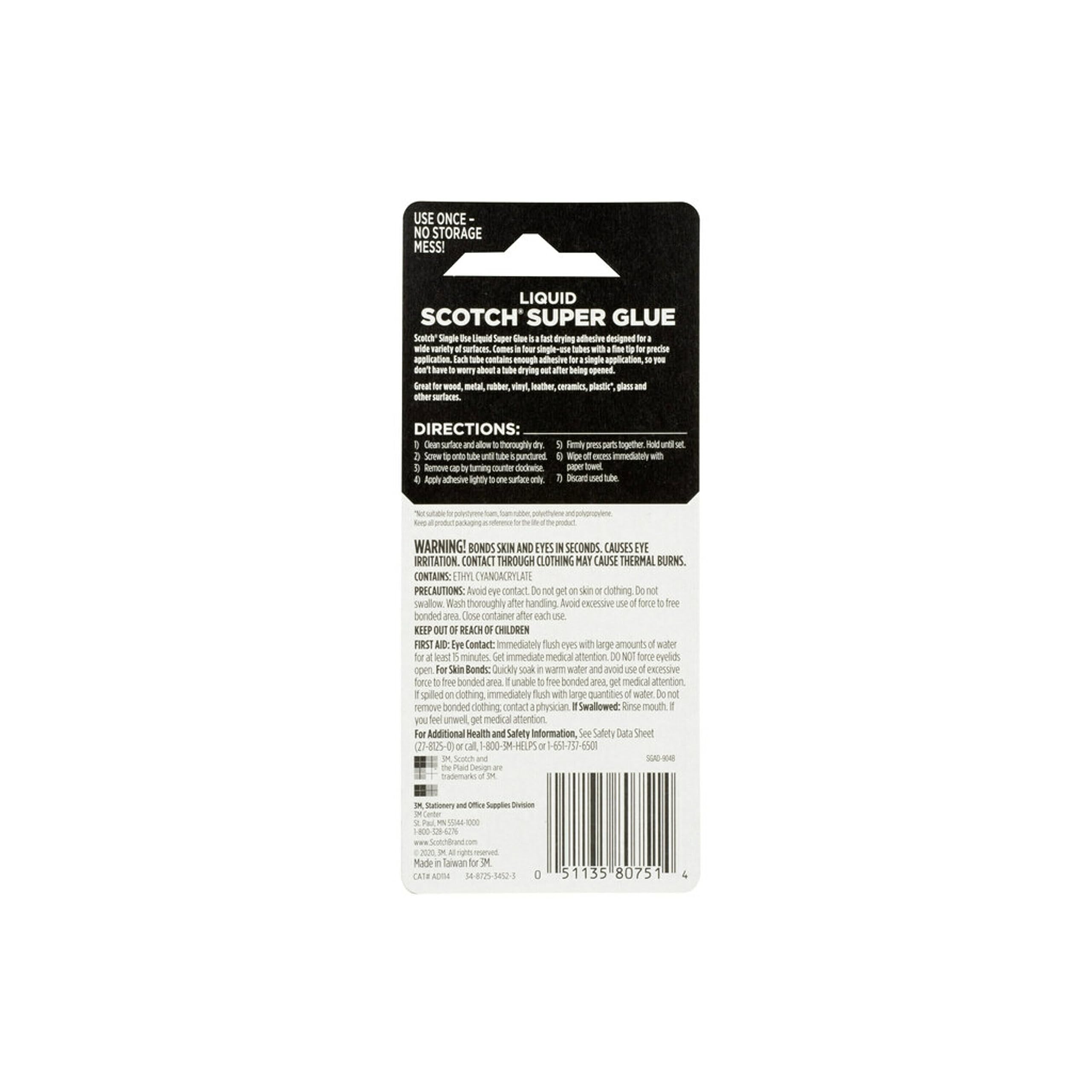 Scotch Super Glue Liquid, 4-Pack of Single-Use Tubes, .017 oz each, Fast Drying Liquid Formula (AD114)(packaging may vary)