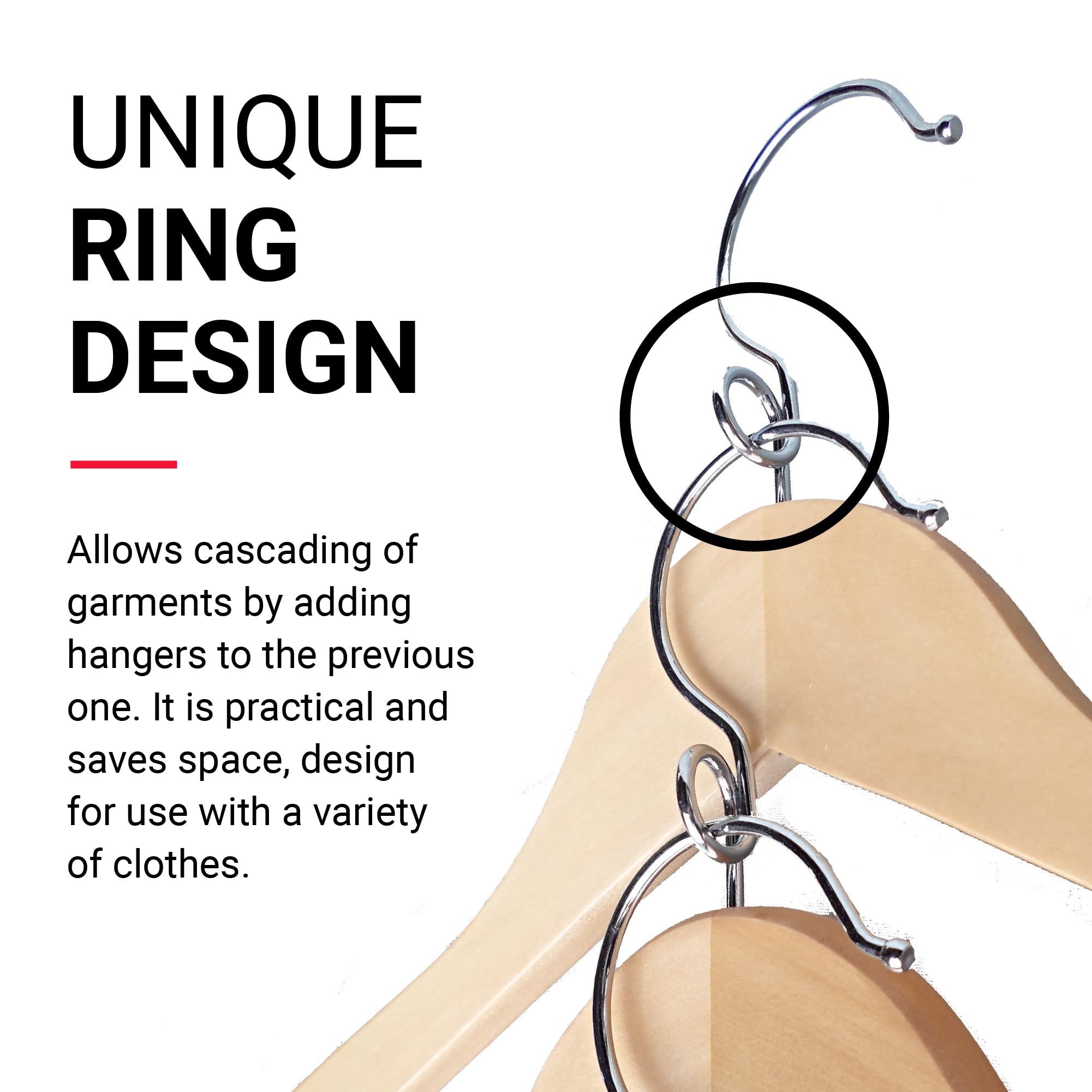 Proman Products KSA9030 Kascade Wooden Hangers 50 Pack, Unique Ring Design, Space Saving Pants Clothes Hanger with Pants Bar and Shoulder Notches, Natural