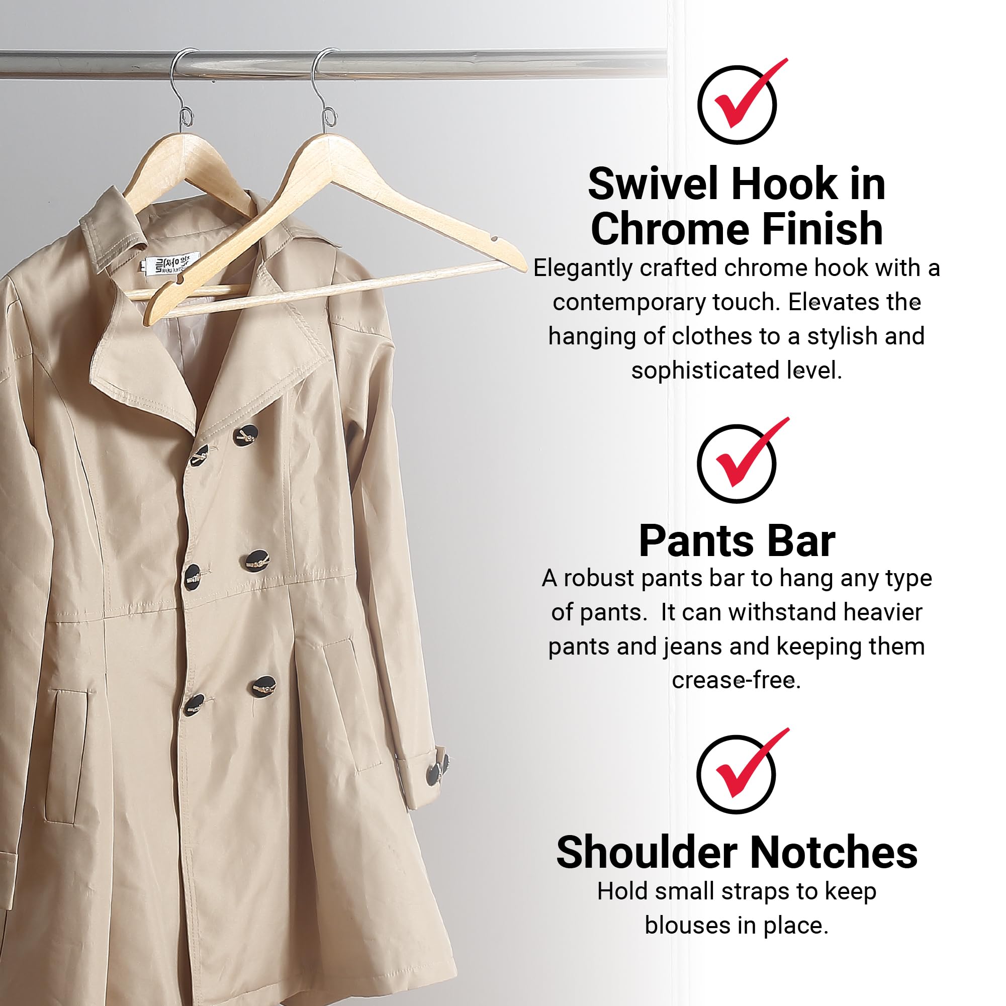 Proman Products KSA9030 Kascade Wooden Hangers 50 Pack, Unique Ring Design, Space Saving Pants Clothes Hanger with Pants Bar and Shoulder Notches, Natural