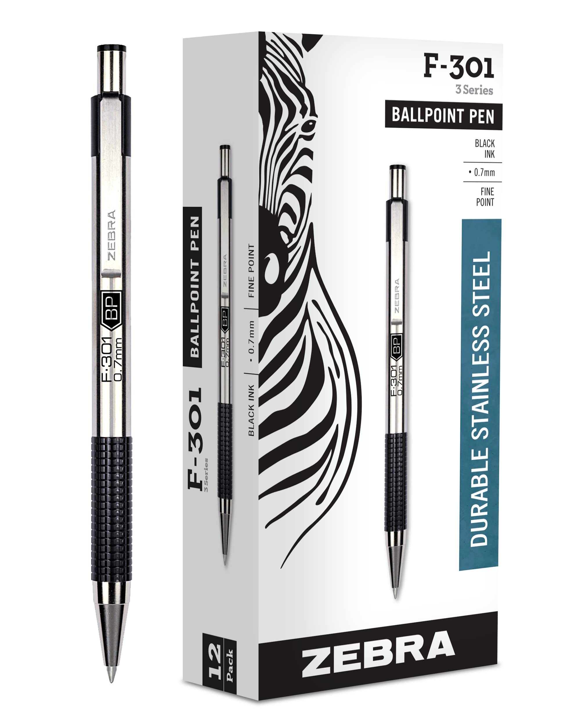Zebra Pen F-301 Retractable Ballpoint Pen, Stainless Steel Barrel, Fine Point, 0.7mm, Black Ink, 12-Pack