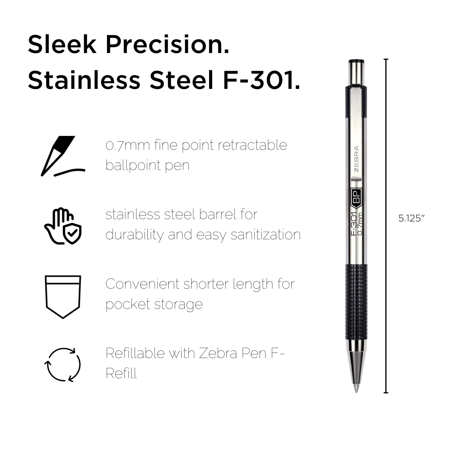 Zebra Pen F-301 Retractable Ballpoint Pen, Stainless Steel Barrel, Fine Point, 0.7mm, Black Ink, 12-Pack