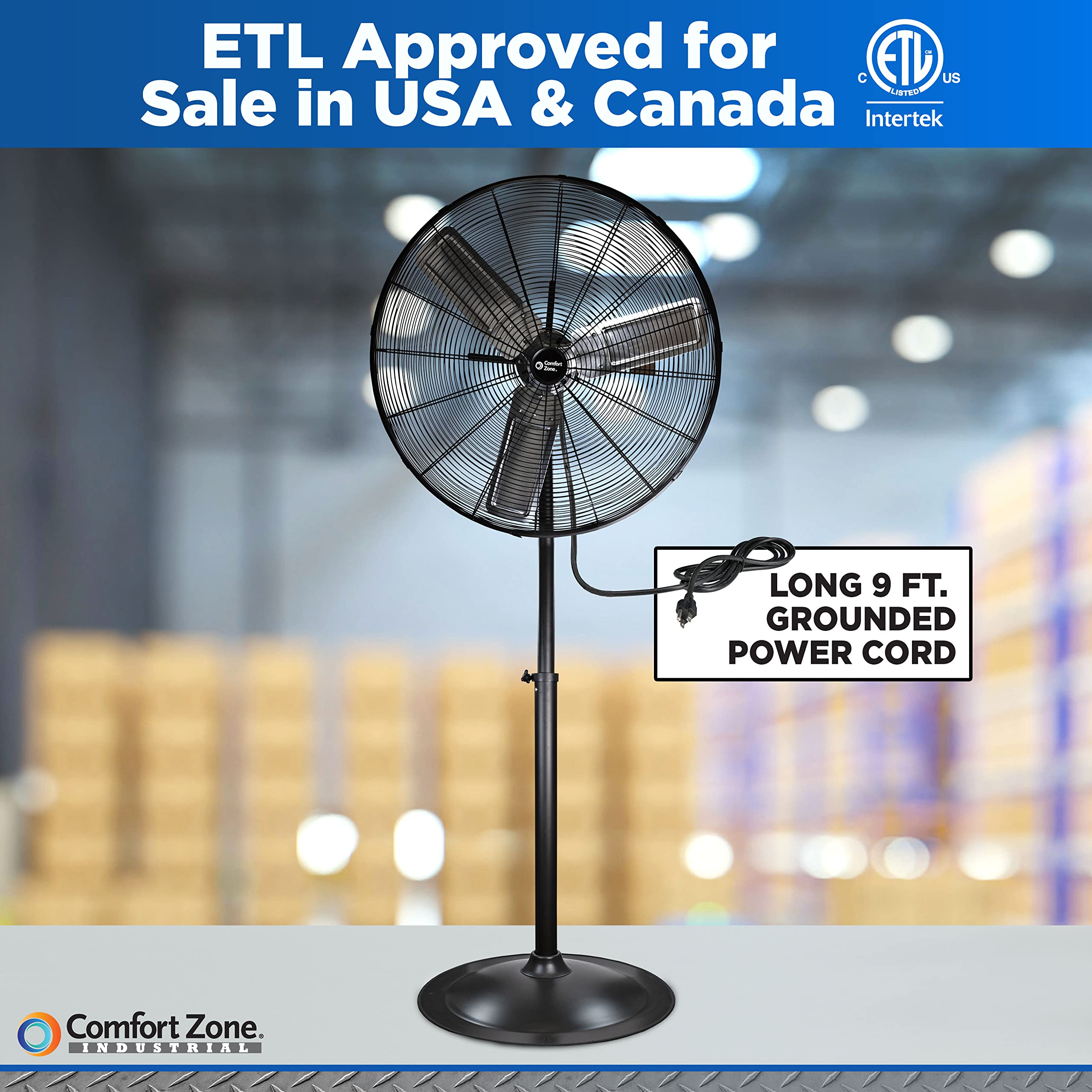 Comfort Zone CZHVP30 30” High-Velocity 3-Speed Industrial Pedestal Fan with Aluminum Blades and Adjustable Height, Black