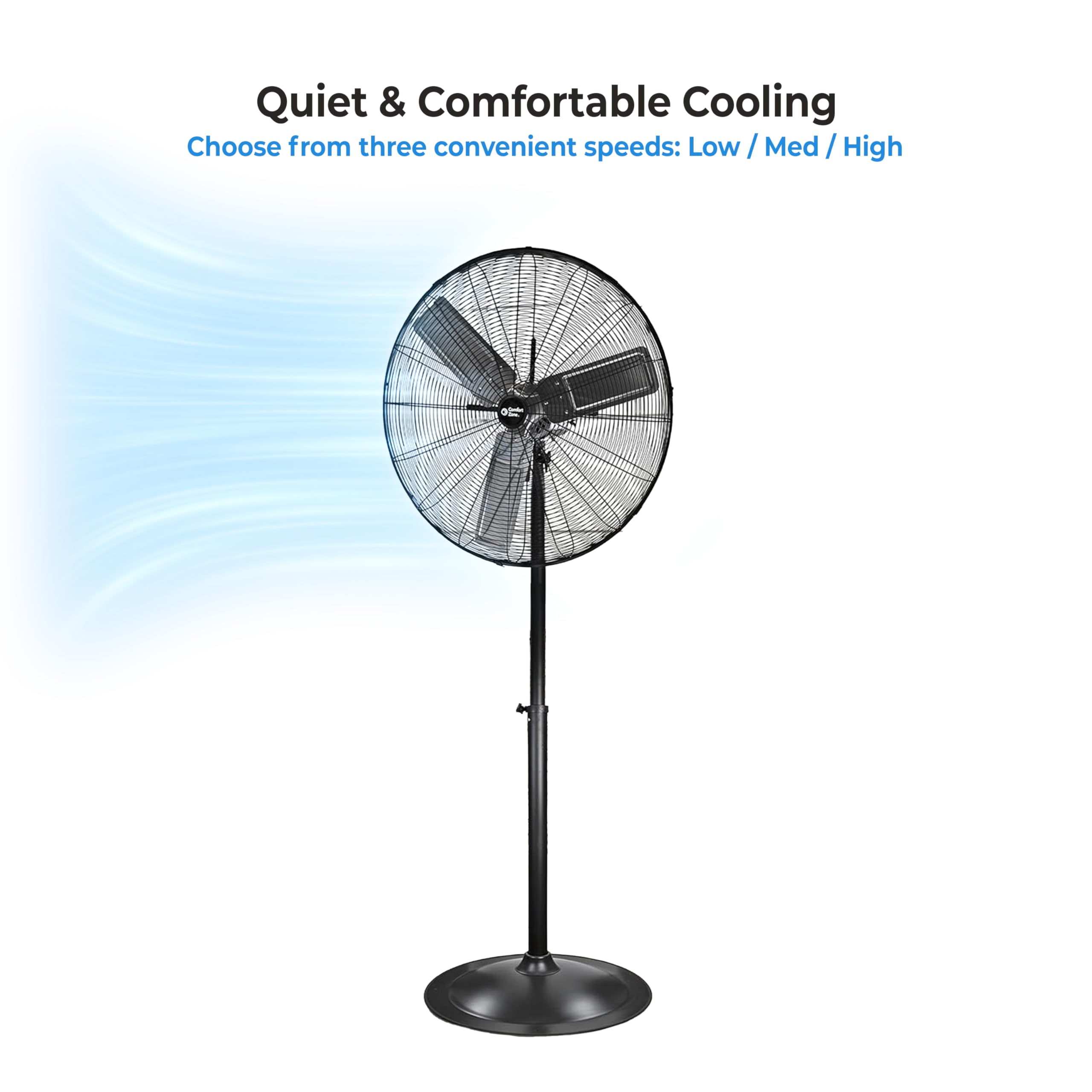 Comfort Zone CZHVP30 30” High-Velocity 3-Speed Industrial Pedestal Fan with Aluminum Blades and Adjustable Height, Black