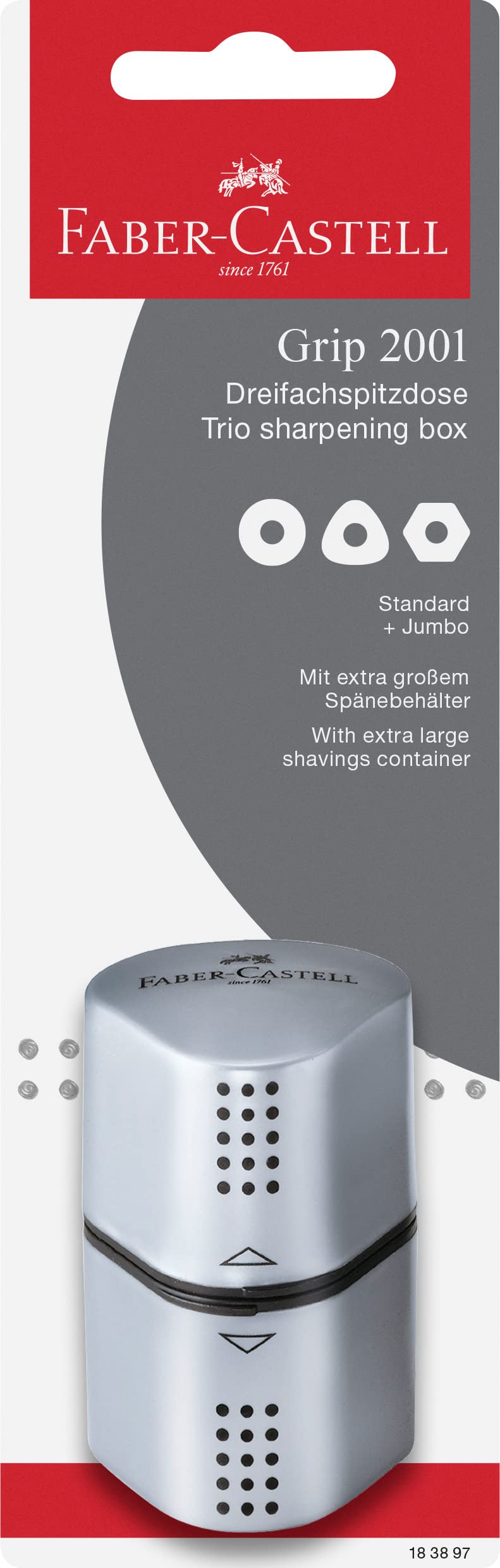 Faber-Castell Grip Trio Pencil Sharpener - Grey, 3-in-1 Artist Pencil Sharpener, Manual Handheld Sharpener for Colored Pencil, Jumbo and Graphite Pencils