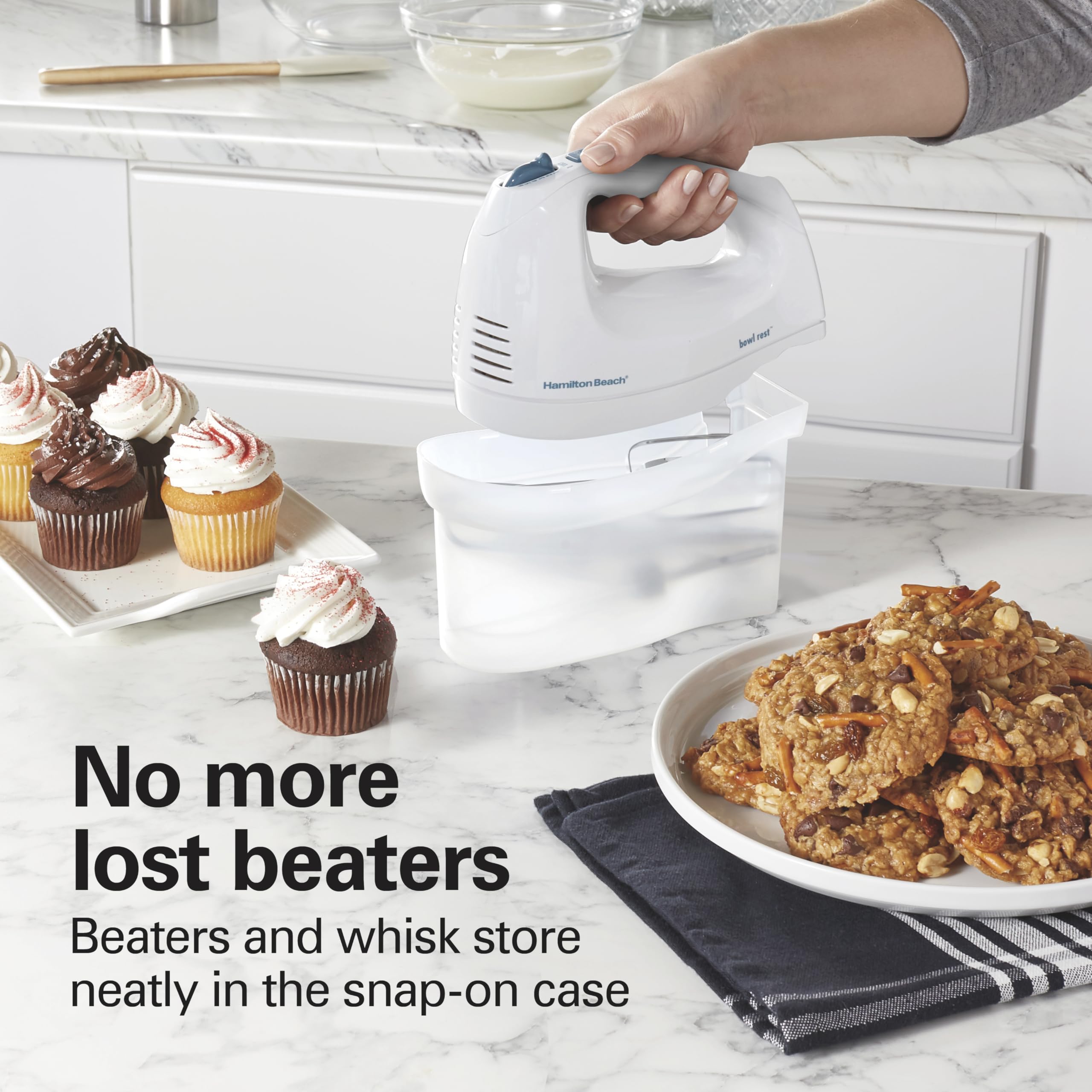 Hamilton Beach 6-Speed Electric Hand Mixer with Whisk, Traditional Beaters, Snap-On Storage Case, White