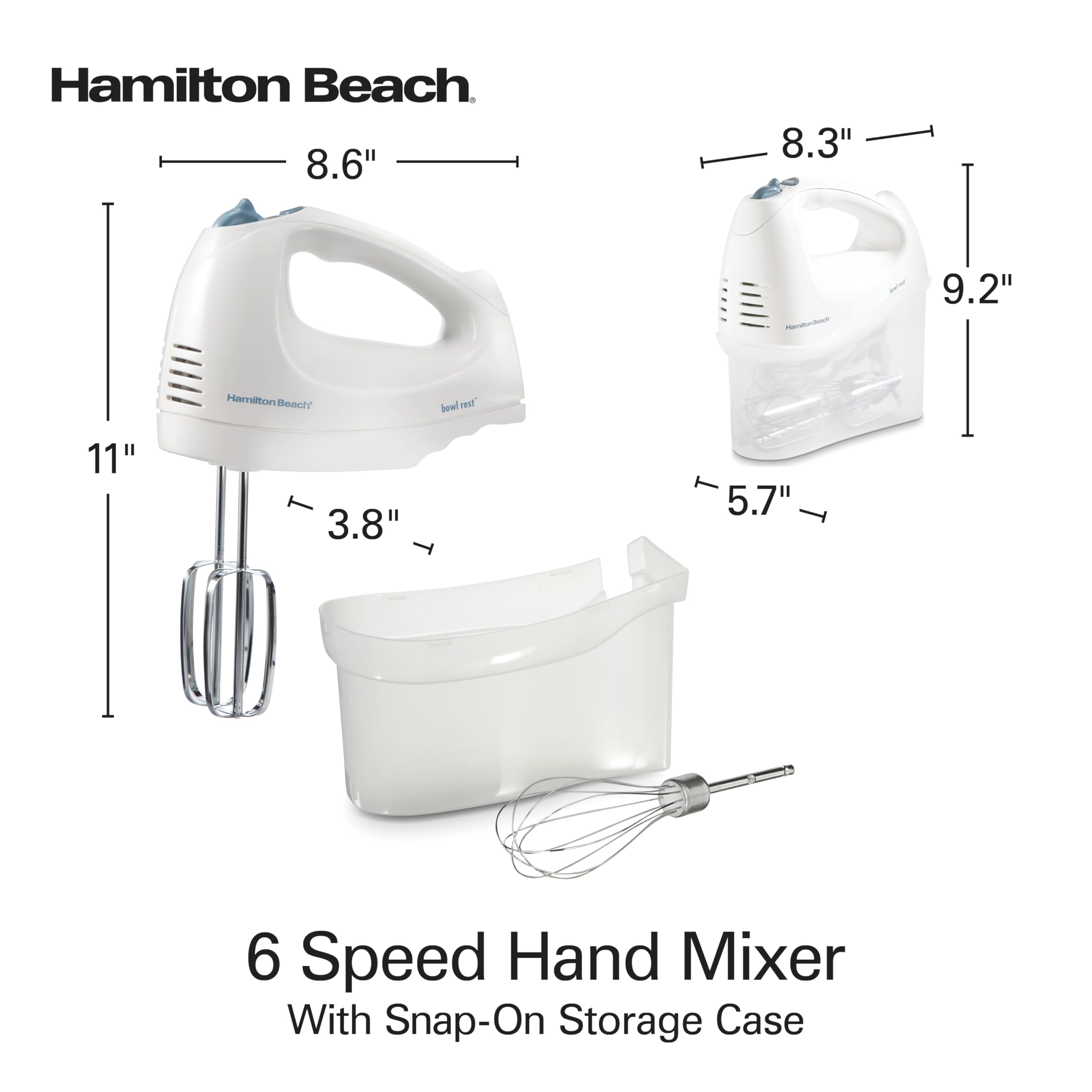 Hamilton Beach 6-Speed Electric Hand Mixer with Whisk, Traditional Beaters, Snap-On Storage Case, White